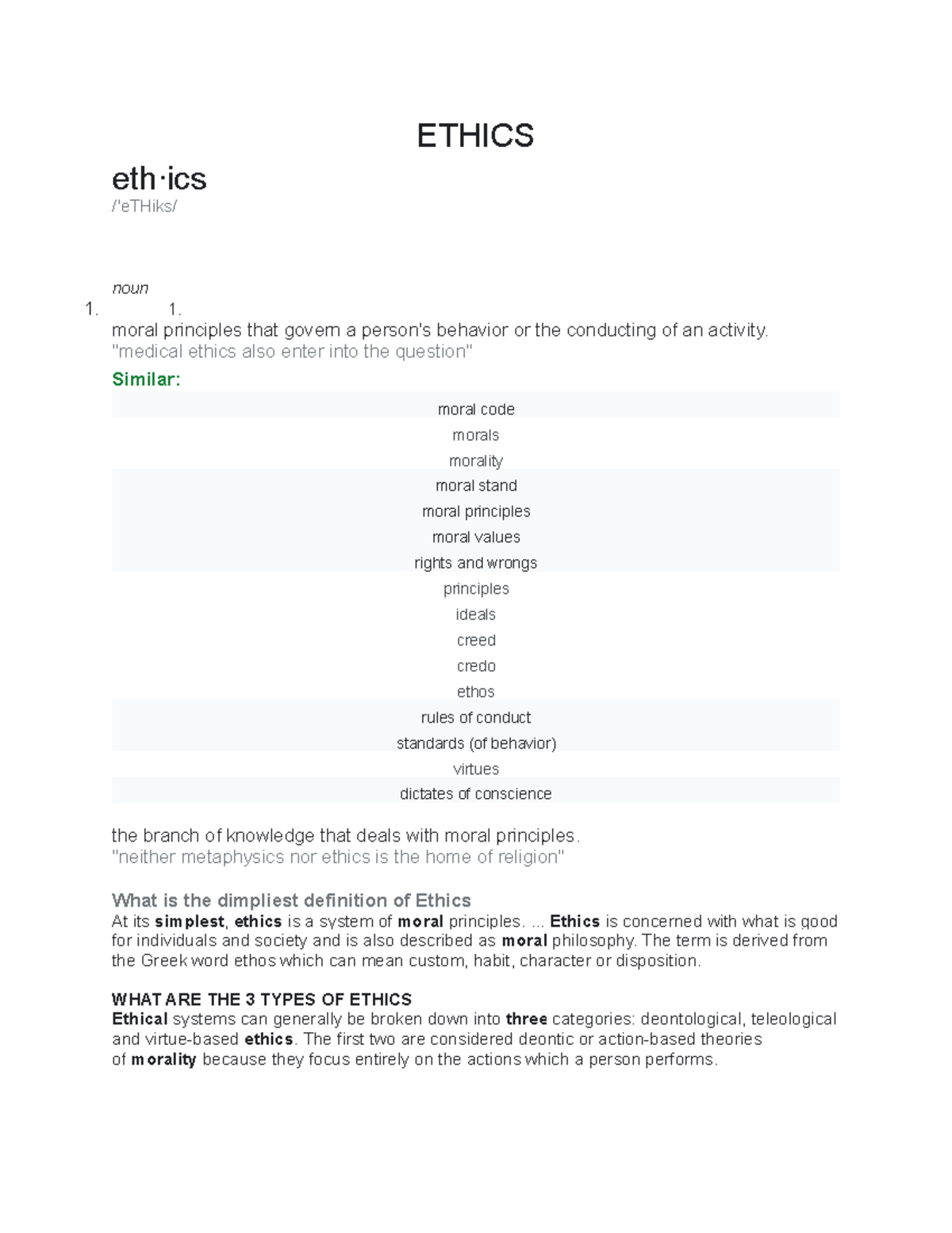Lesson ON Ethics Subject - ETHICS eth·ics / eTHiks/ˈ noun 1. 1. moral ...
