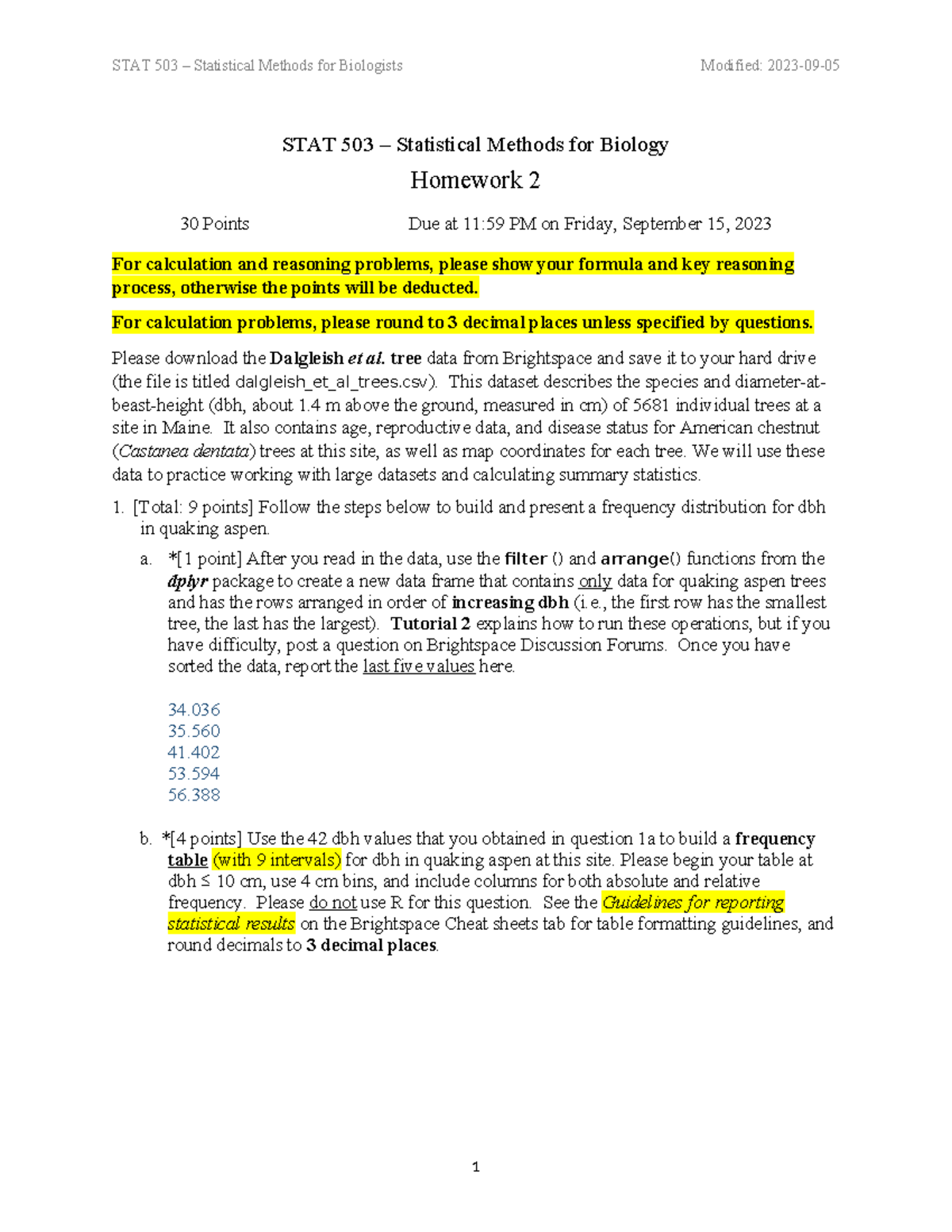 Stat503 Fall 2023 hw2 - homework 2 - STAT 503 – Statistical Methods for Biology Homework 2 30 ...