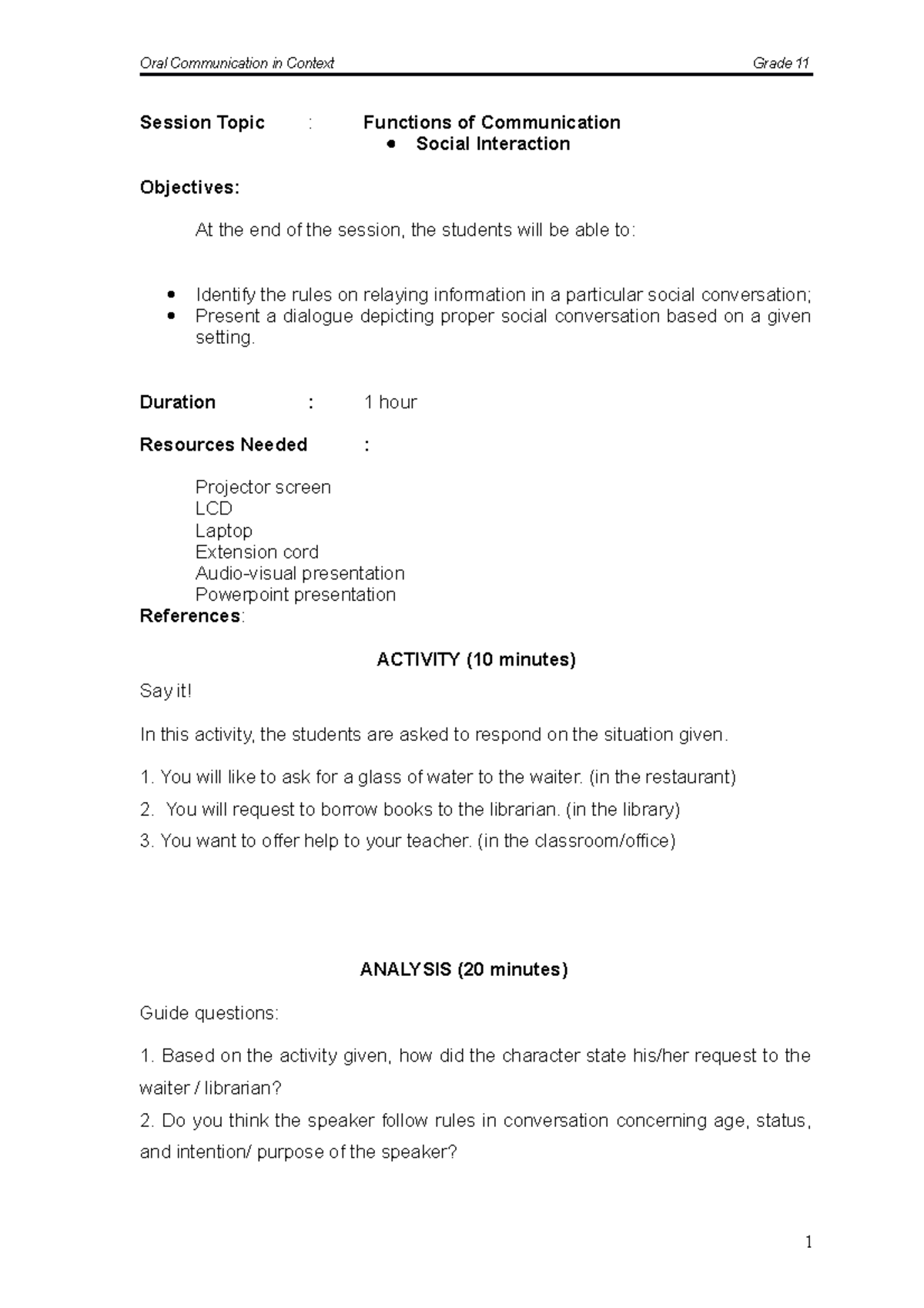 Functions -social interaction - Oral Communication in Context Grade 11 ...