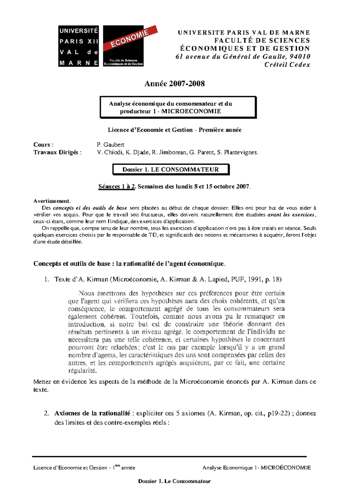 Micro Dossier 1 L1 U N IV E R S IT E P A R IS V A L D E M A R N E F A