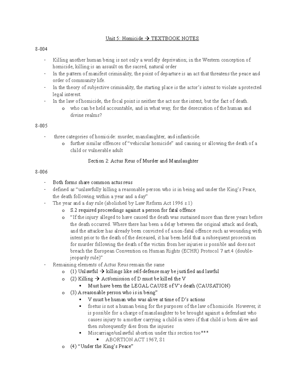 Criminal Textbook Notes - Unit 5: Homicide TEXTBOOK NOTES 8- Killing ...