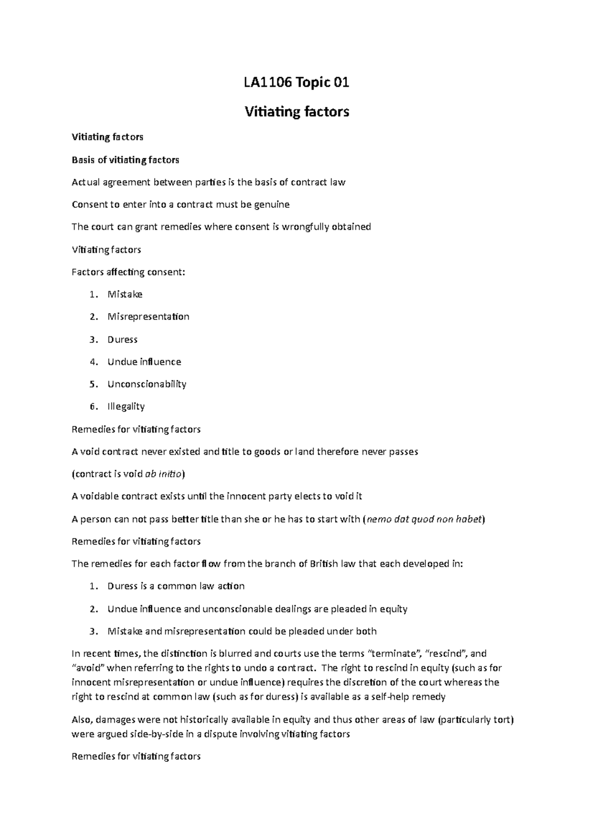 Contracts II Notes - Vitiating Factors - LA1106 Topic 01 Vitiating ...