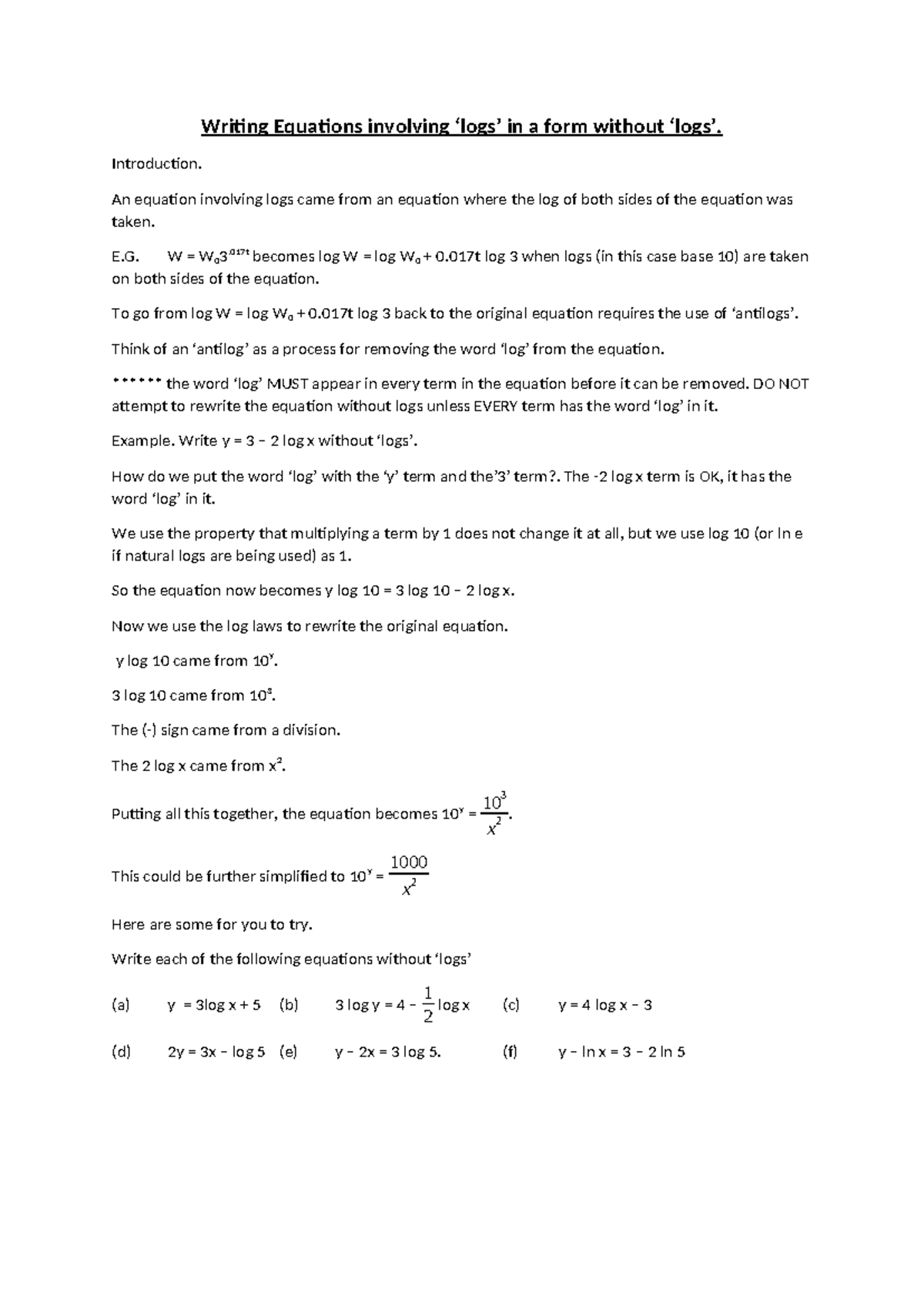Antilogs - jnnnnn - Writing Equations involving ‘logs’ in a form ...