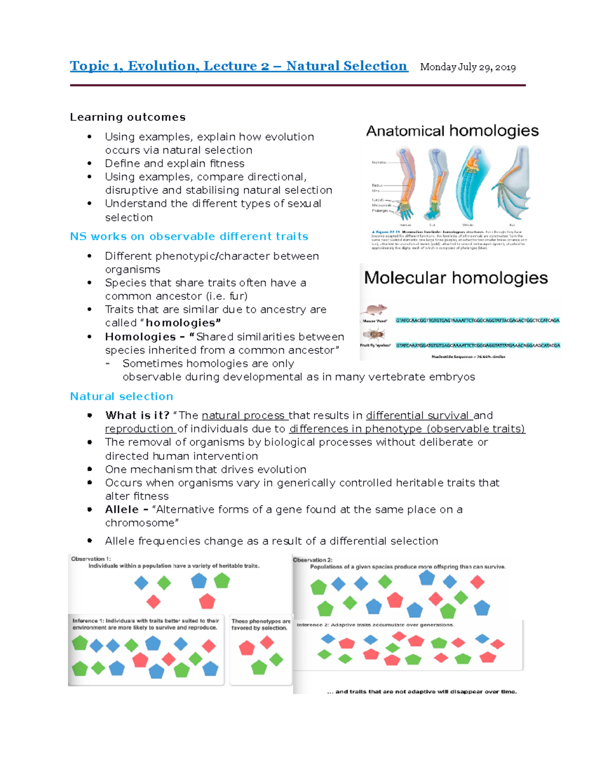 L2 – Natural Selection - Lecture notes Lecture 2 - Topic 1, Evolution ...
