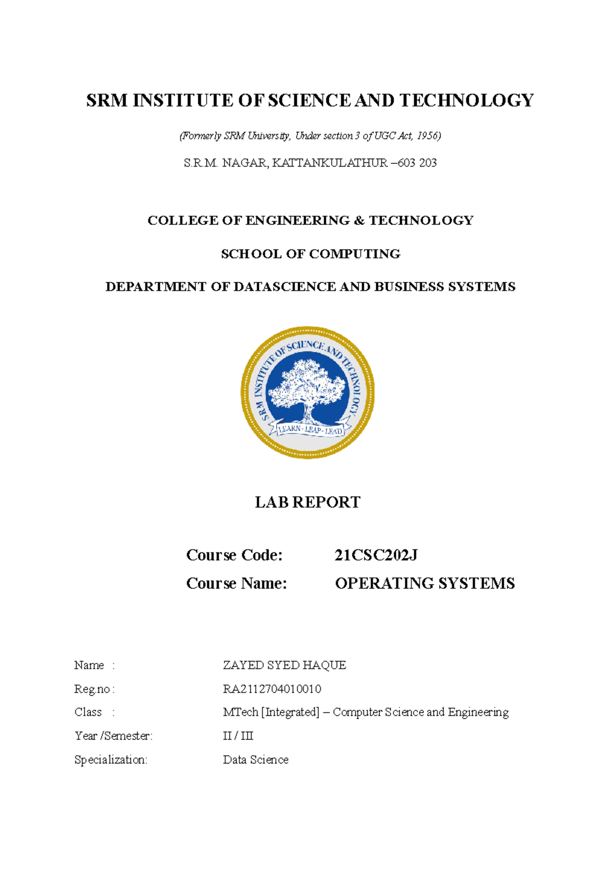 OS LAB Record RA2112704010010 - SRM INSTITUTE OF SCIENCE AND TECHNOLOGY ...