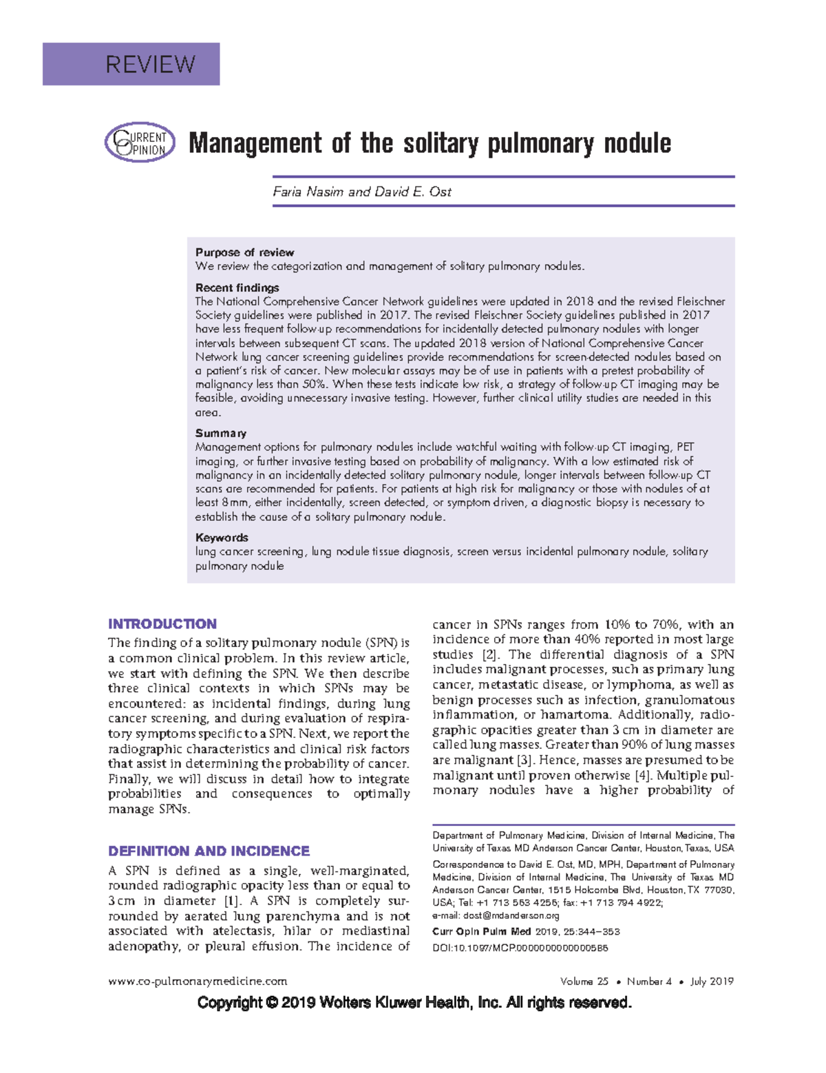 Artículo Nódulo Pulmonar - CURRENT OPINION Management of the solitary ...