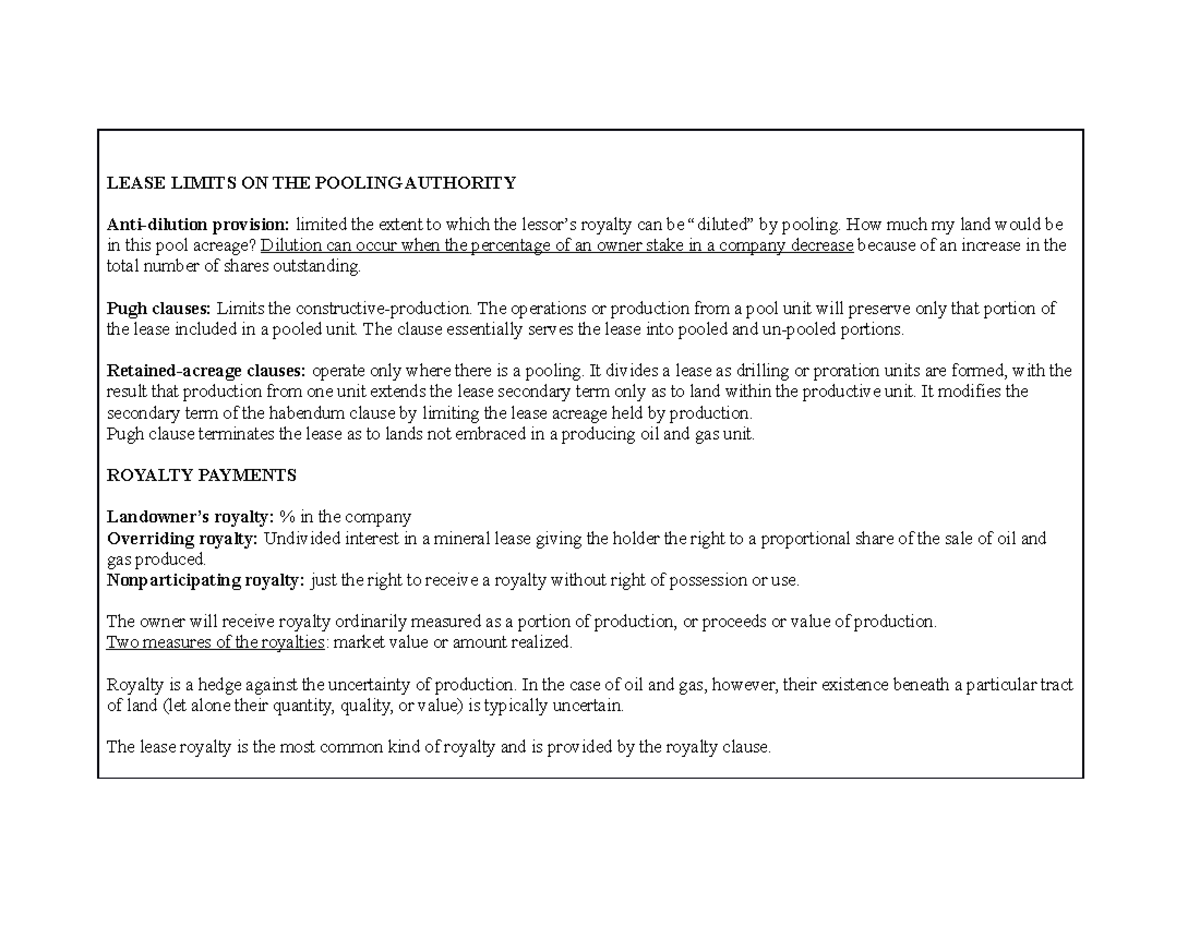 Leasing: Limitations on Pooling , Royalties Payments - LEASE LIMITS ON ...