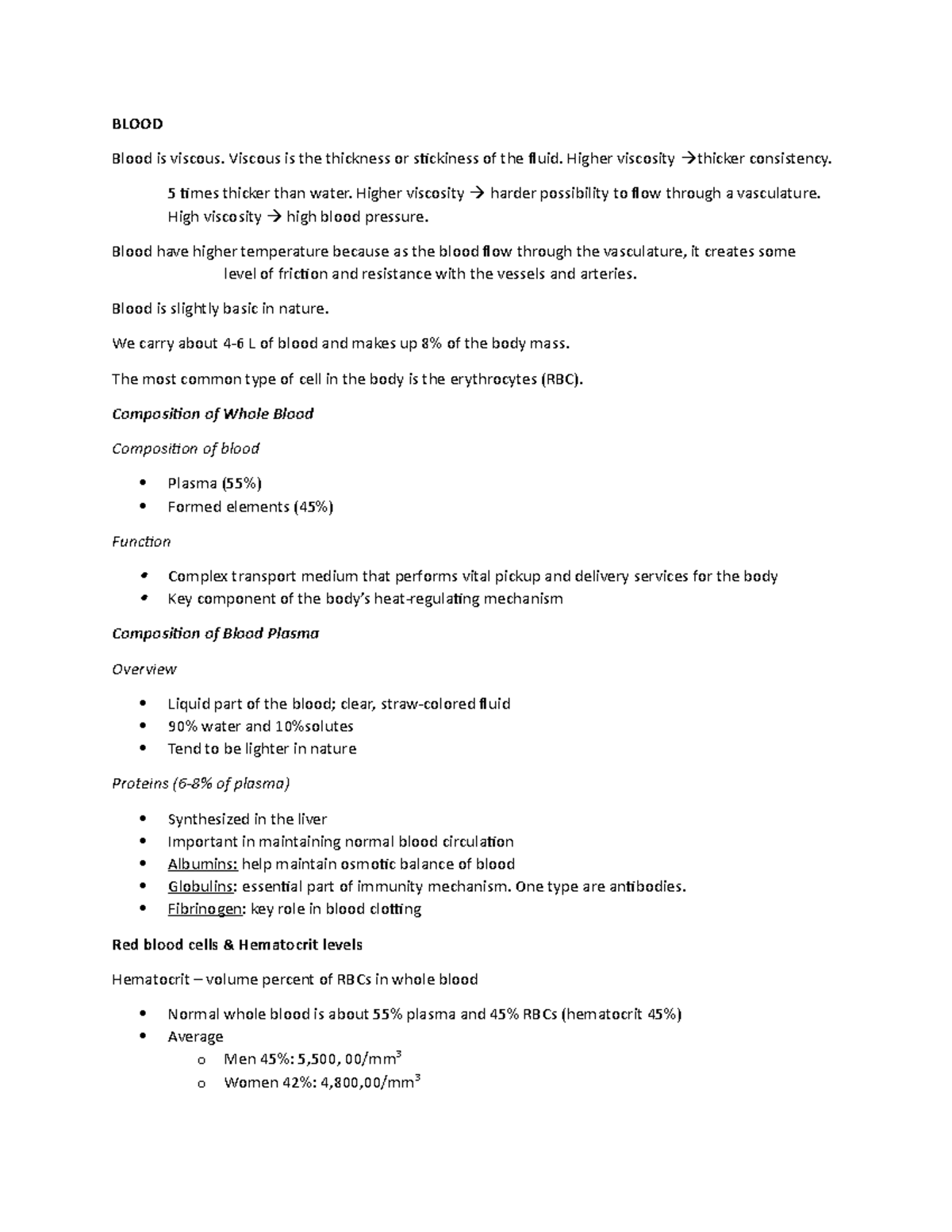 Blood - Lecture notes 1 - BLOOD Blood is viscous. Viscous is the ...