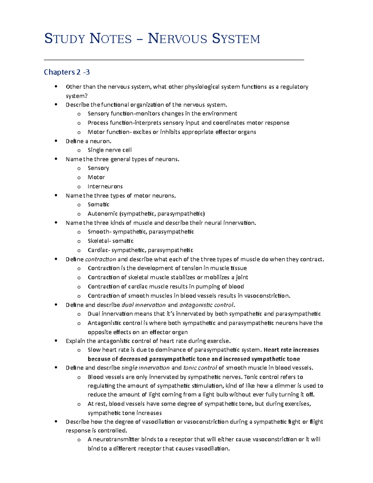 Study Notes Nervous - STUDY NOTES – NERVOUS SYSTEM - Studocu