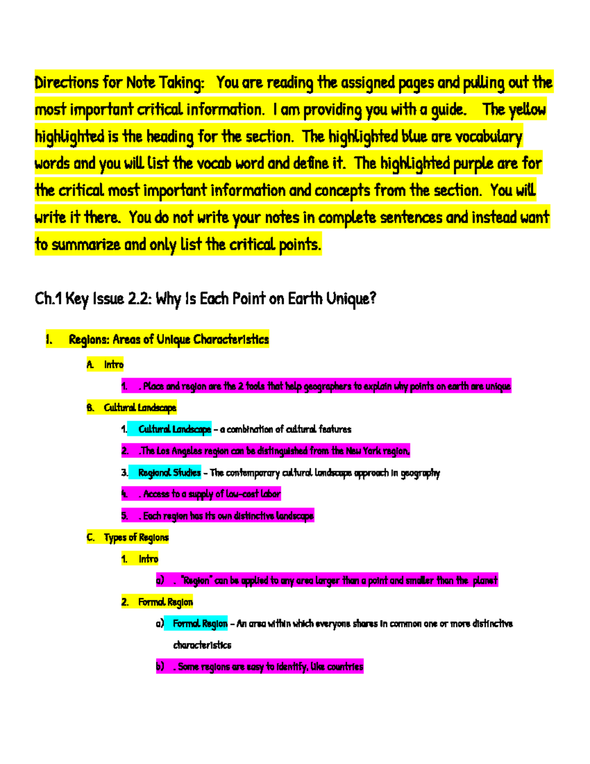 Ch. 1 KI 2 pt. 2 HW Outline Note Guide - Directions for Note Taking ...