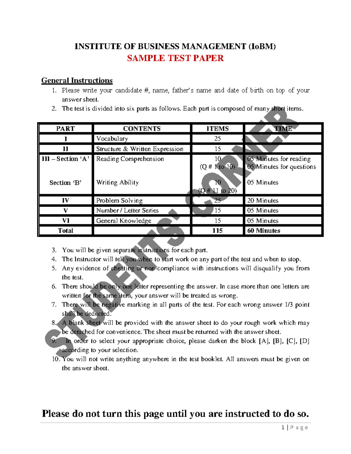 CBM Model Test Papers - INSTITUTE OF BUSINESS MANAGEMENT (IoBM) SAMPLE ...