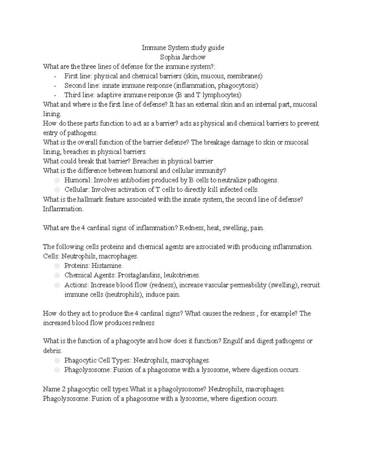Immune System study guide - Immune System study guide Sophia Jarchow ...