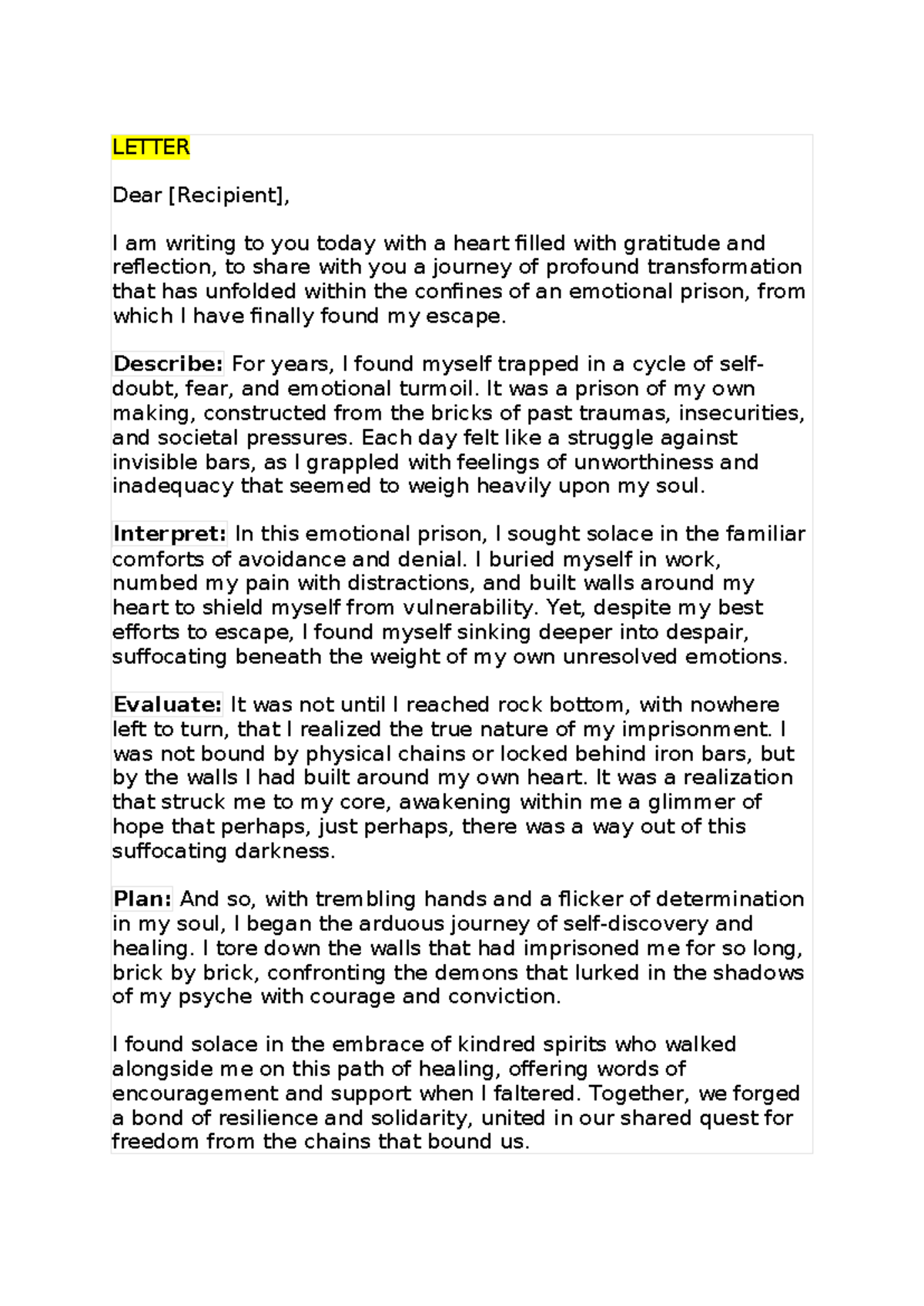 Reflective Letter - NOTES - LETTER Dear [Recipient], I am writing to ...