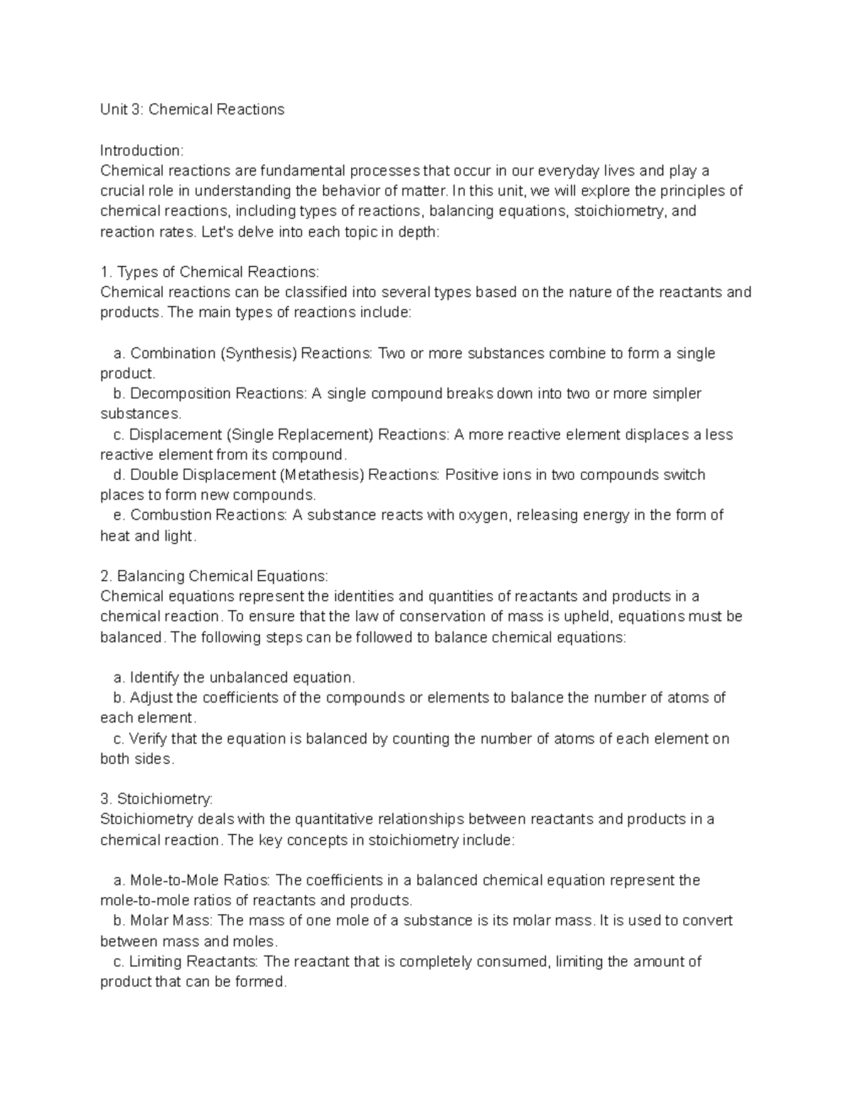Chem unit 3 - Notes - Unit 3: Chemical Reactions Introduction: Chemical ...