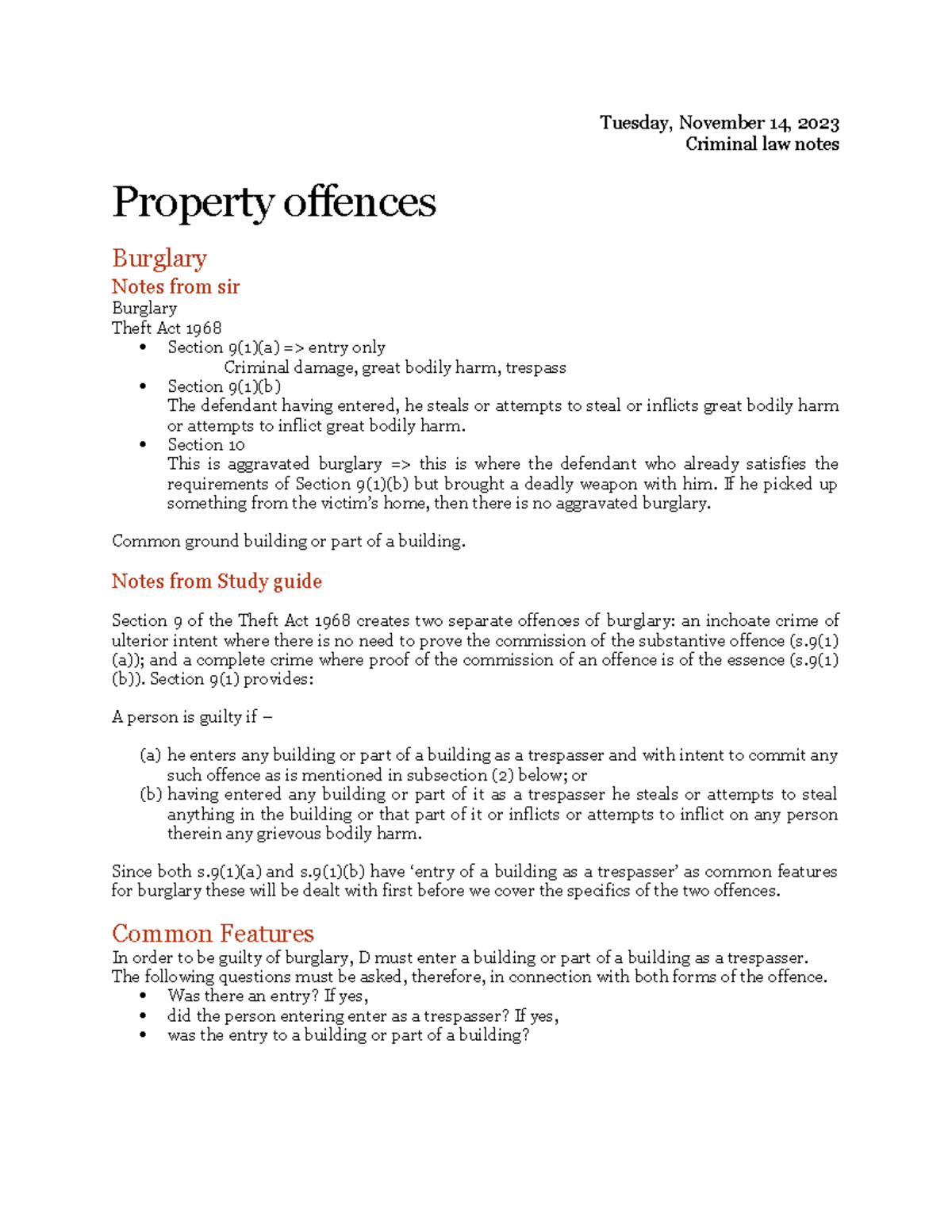 Property Offences Burglary - Tuesday, November 14, 2023 Criminal law ...