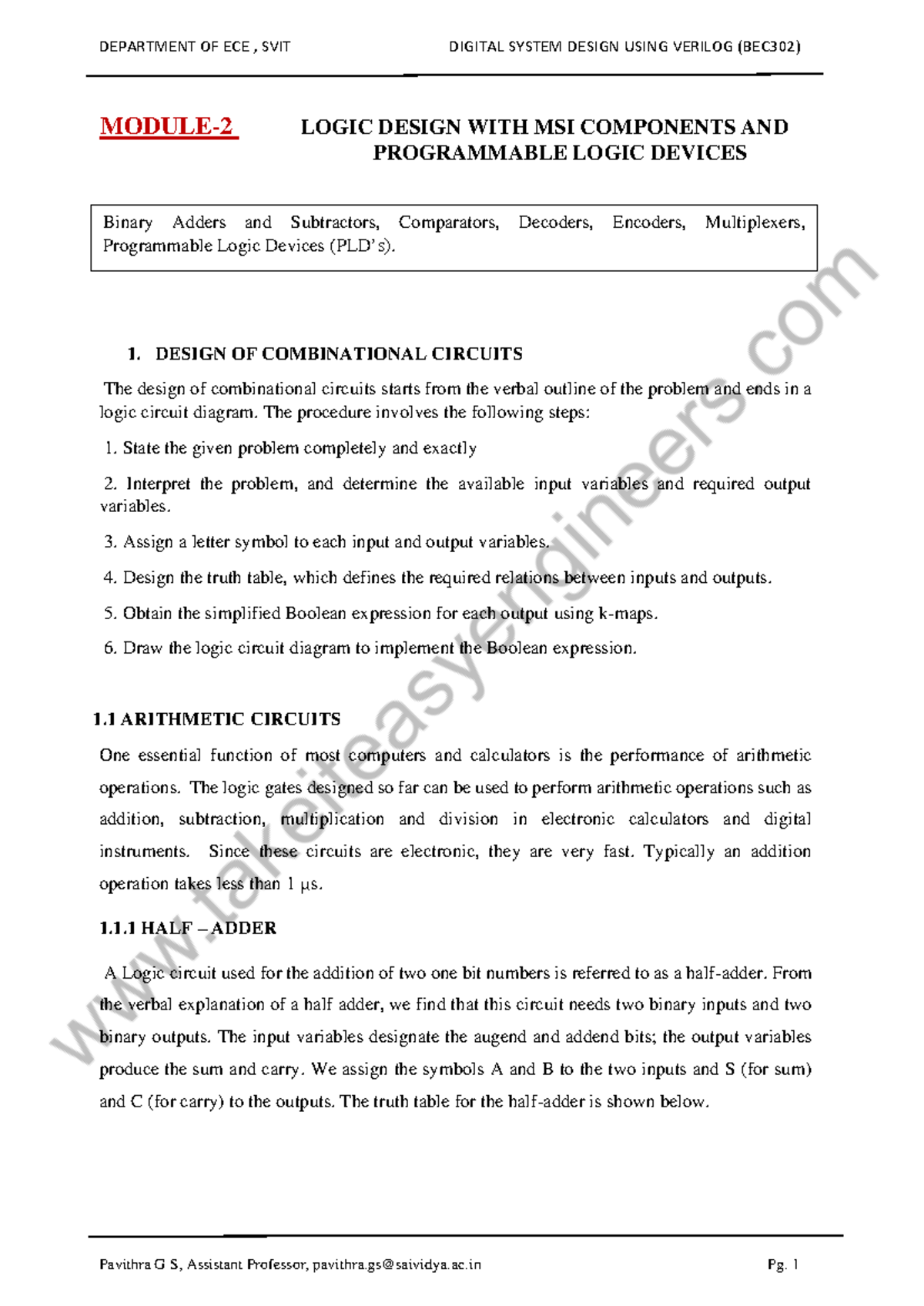 Module 2 DSDV (BEC302) watermark - MODULE- 2 LOGIC DESIGN WITH MSI COMPONENTS AND PROGRAMMABLE ...