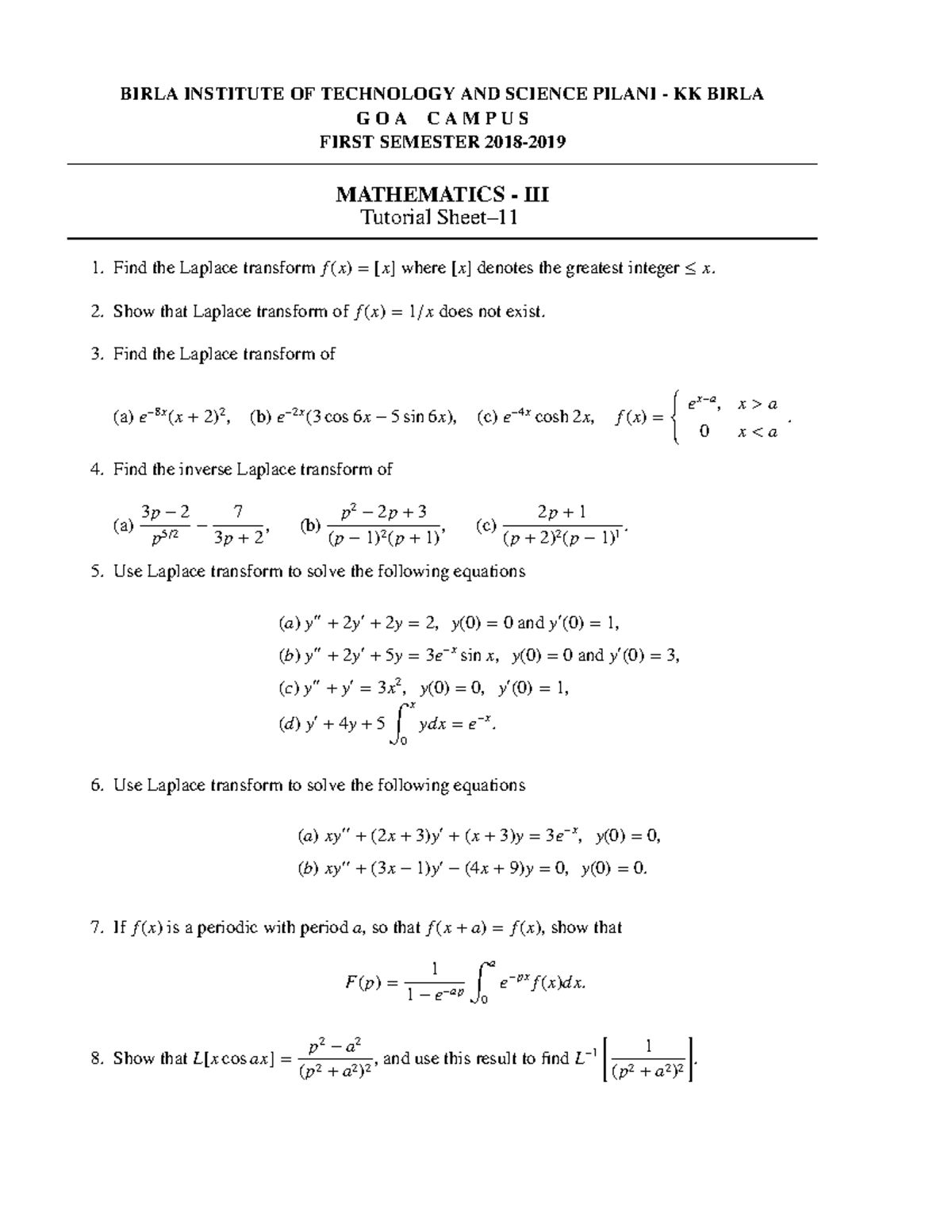 Tutorial-11 - TUTORIAL important - Mathematics III - BITS Pilani - Studocu