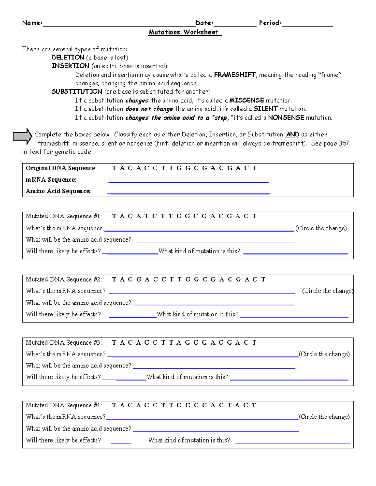 Mutations WS - jlnjk - Name:______________Date: Period: Mutations ...