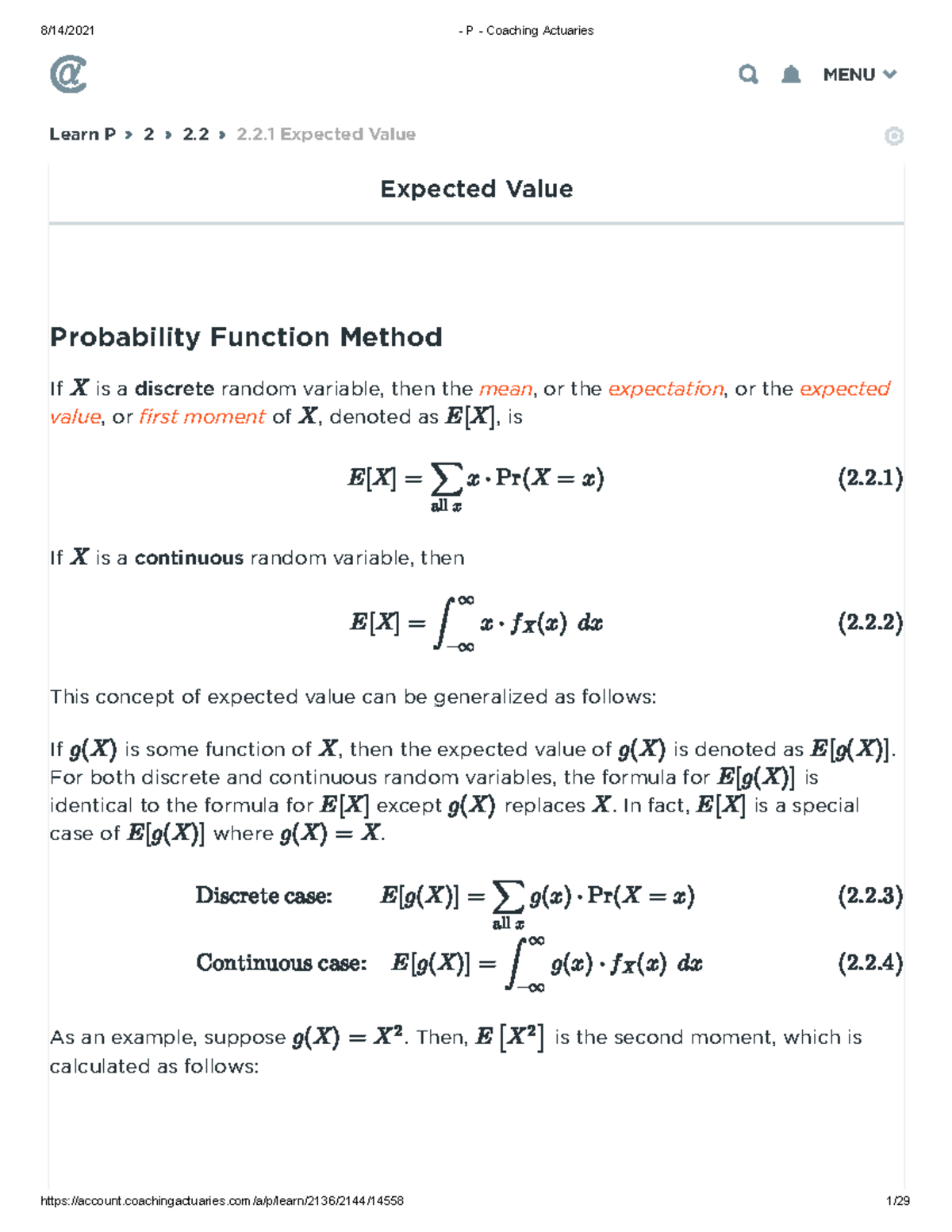 - P - Coaching Actuaries 10 - Learn P 2 2. 2 2. 2. 1 Expected Value ...