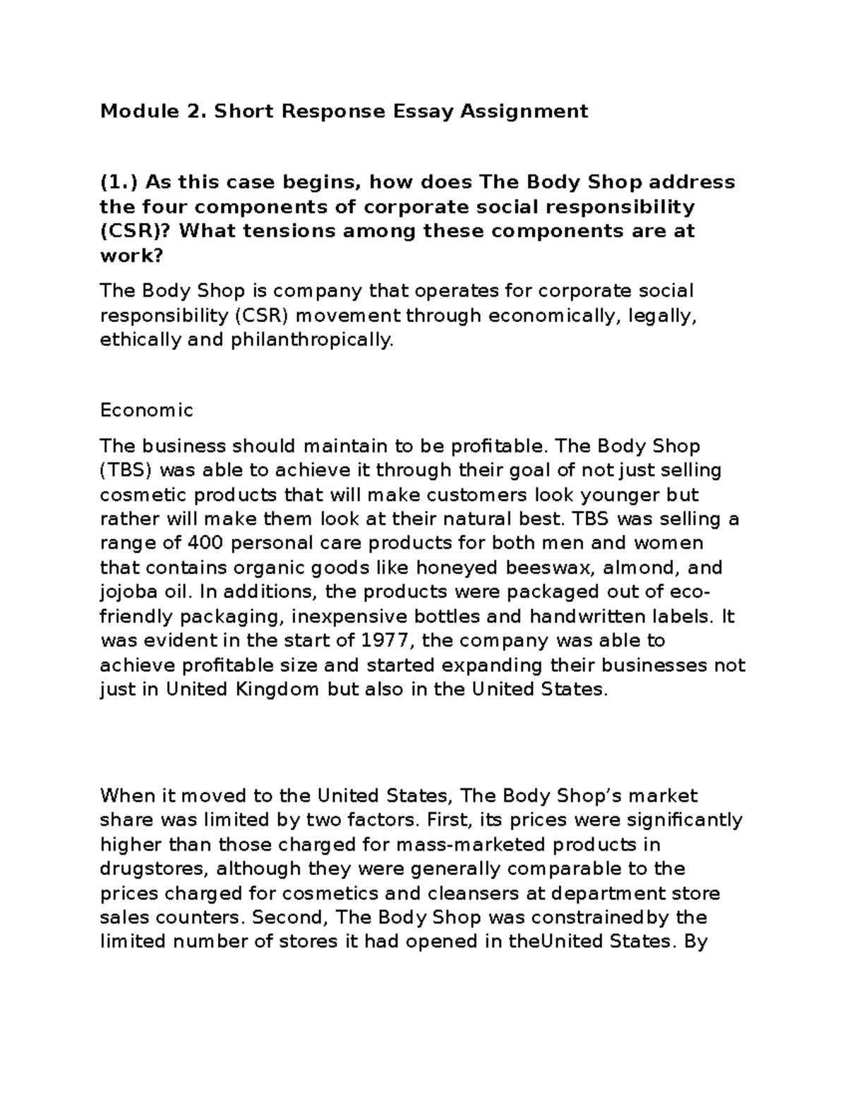 Short Essay - CSR - Module 2. Short Response Essay Assignment (1.) As ...