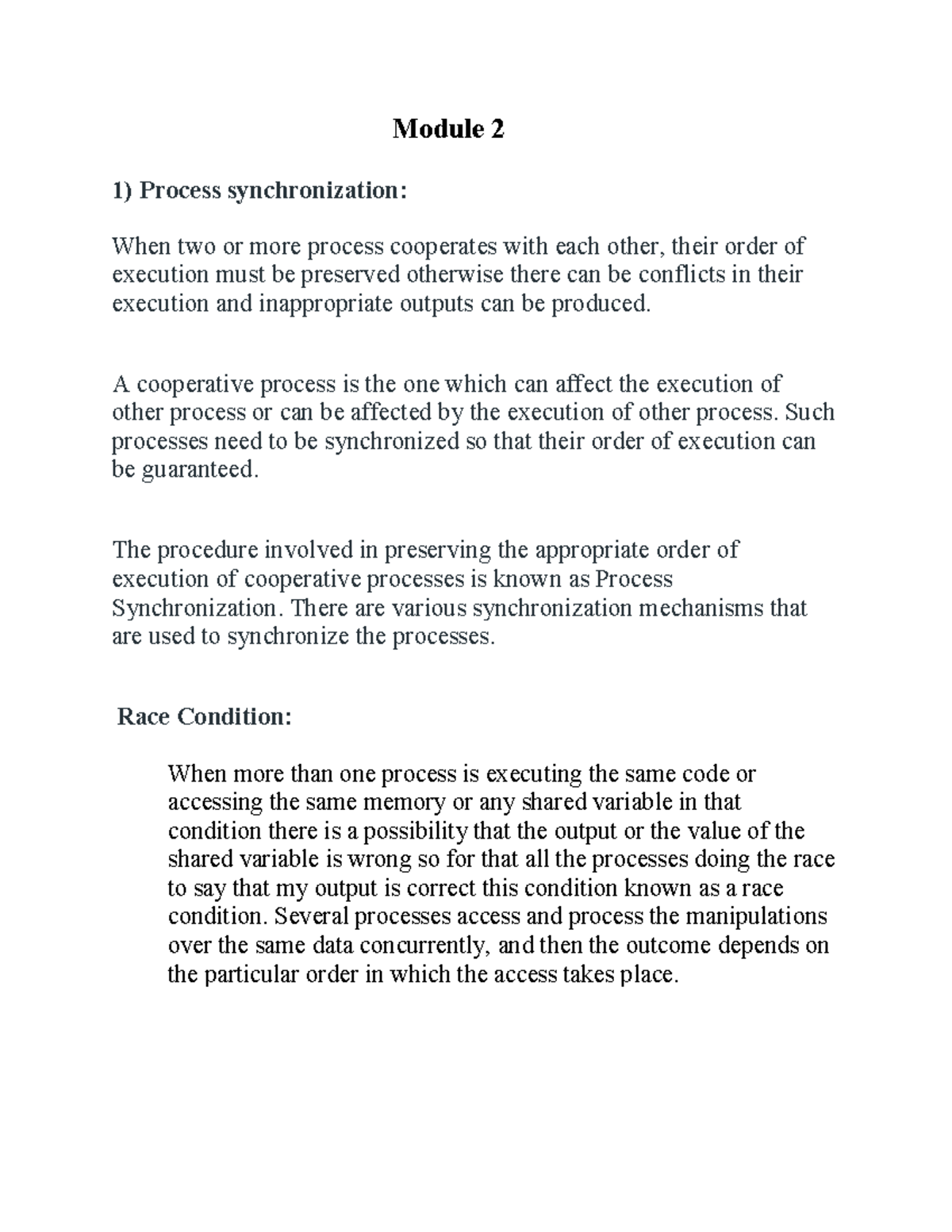 Module 2 os - Module 2 1) Process synchronization: When two or more ...