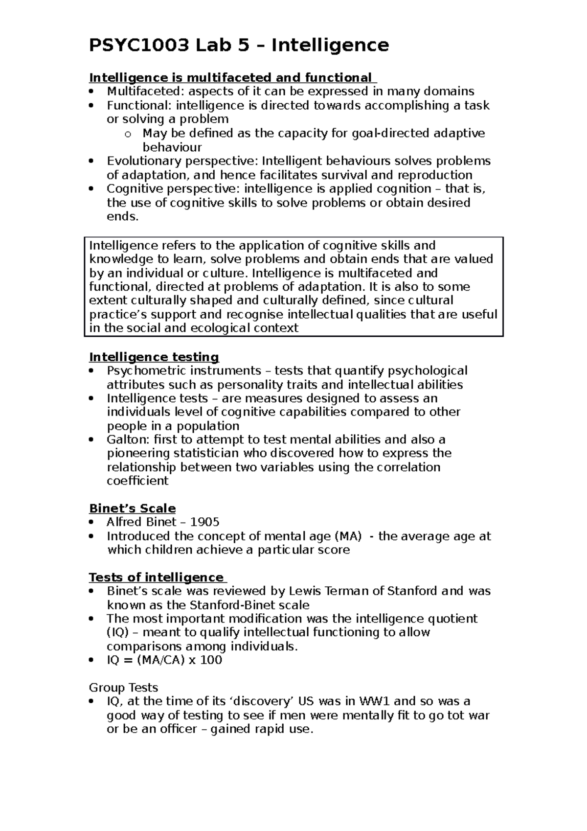 Psyc1003 - Lab 5 Intelligence - Intelligence is multifaceted and ...