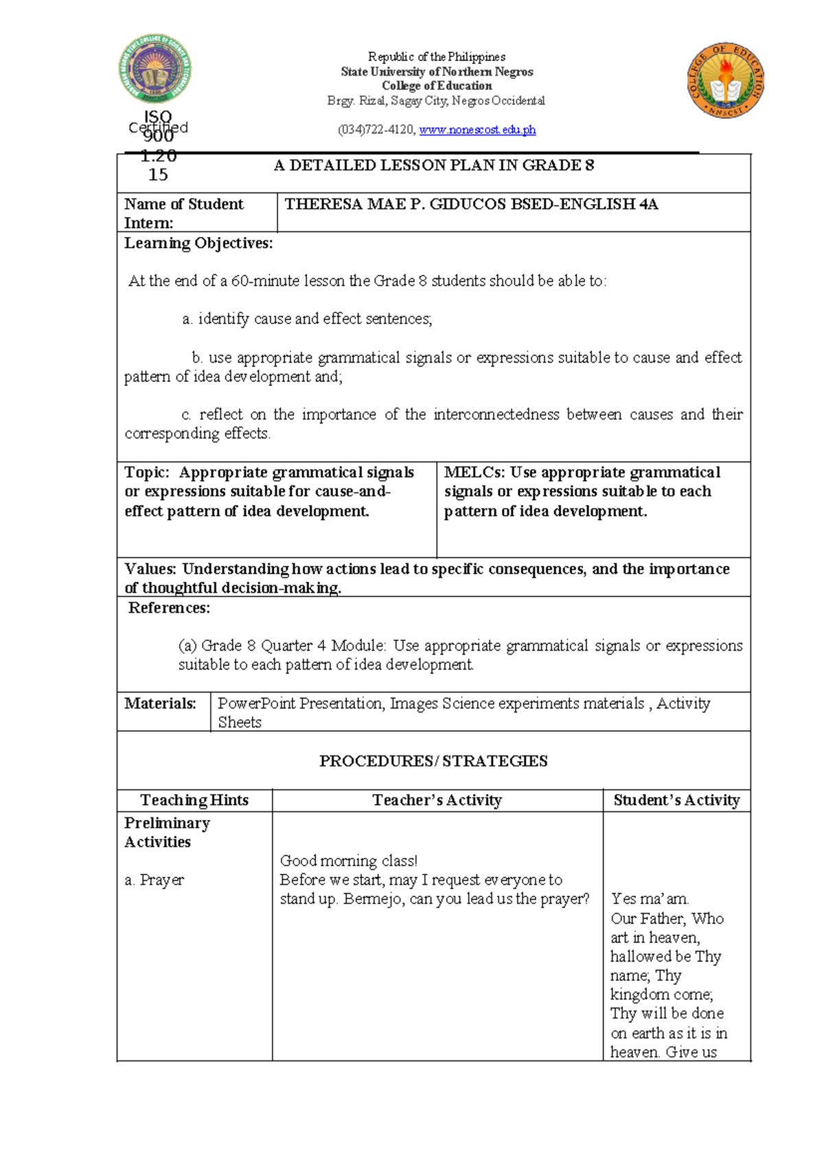 Grade-8 English Detailed Lesson Plan - ISO 900 1: 15 Certified State ...