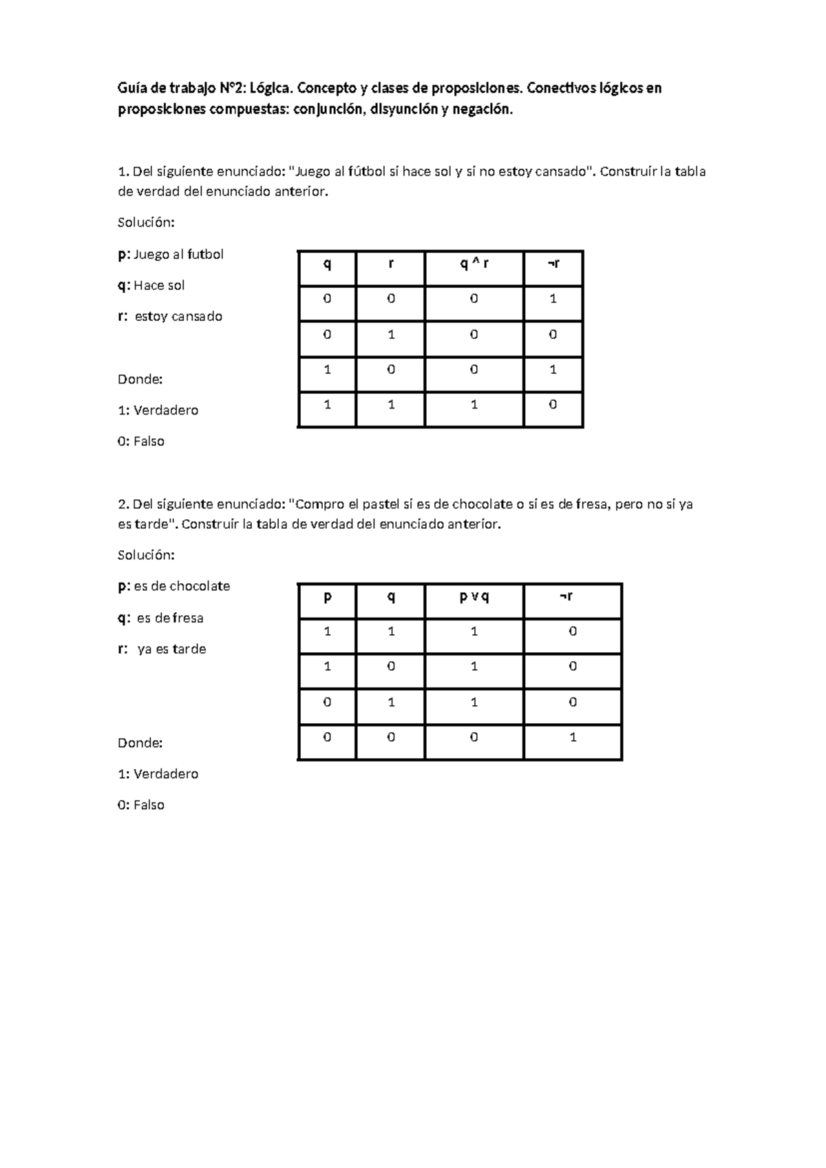 Guía de trabajo N - Guía de trabajo N°2: Lógica. Concepto y clases de proposiciones. Conectivos ...