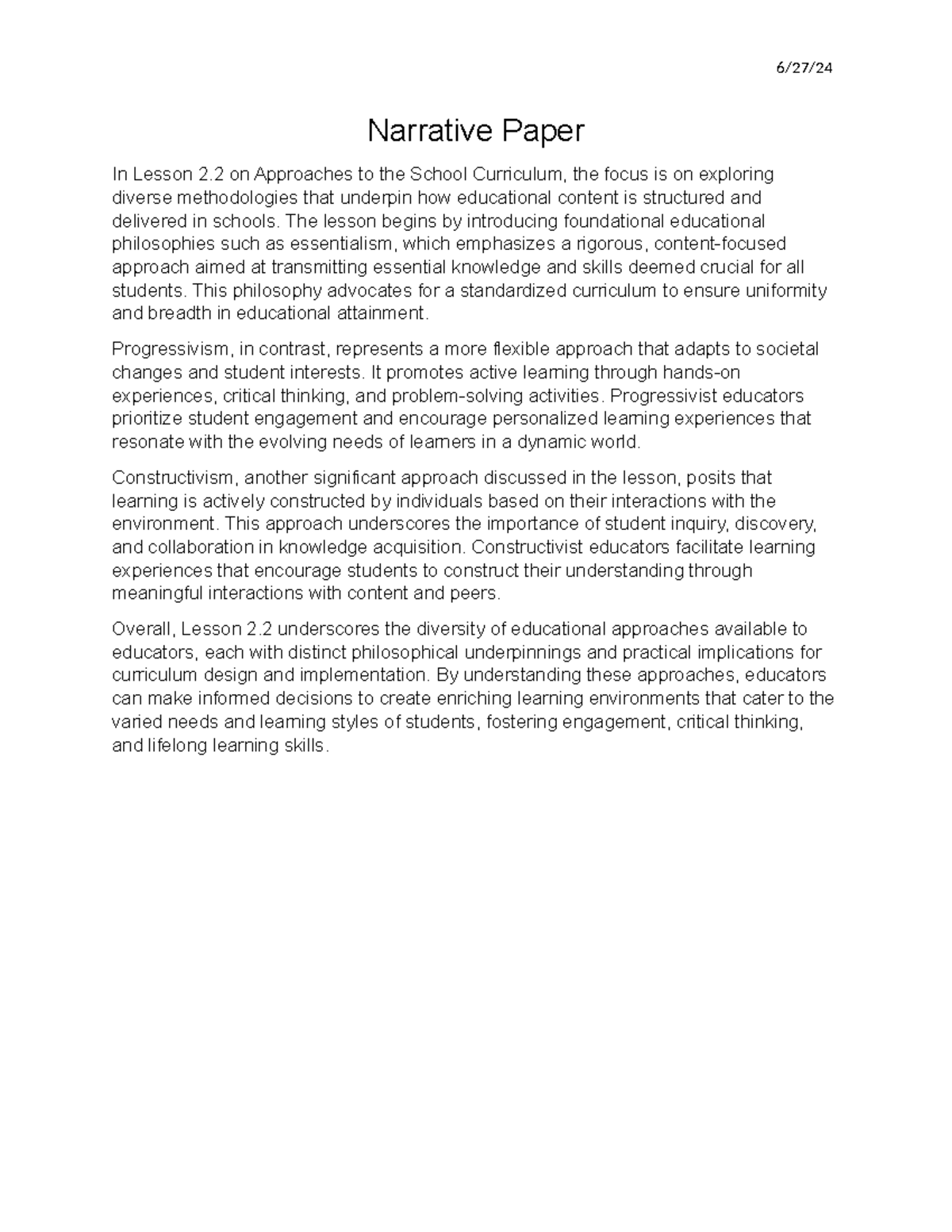 Narrative-Paper - Narrative Paper In Lesson 2 on Approaches to the ...