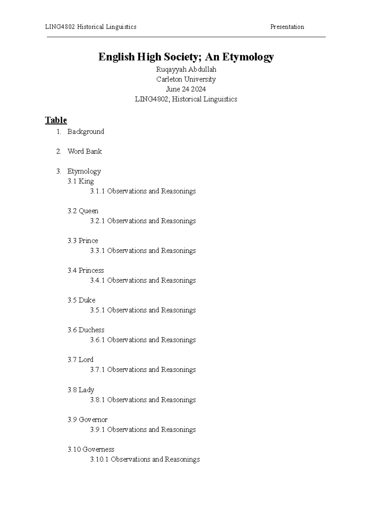 LING4802 Handout - English High Society; An Etymology Ruqayyah Abdullah ...