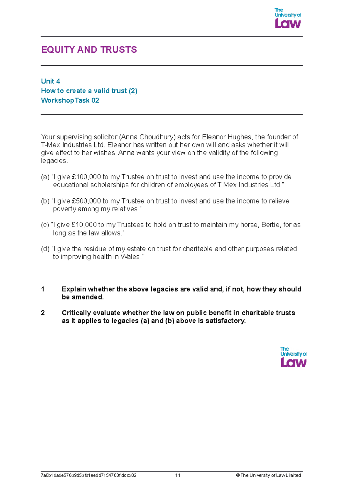 Equity and trust workshop 4 task 2 - EQUITY AND TRUSTS Unit 4 How to create a valid trust (2 ...