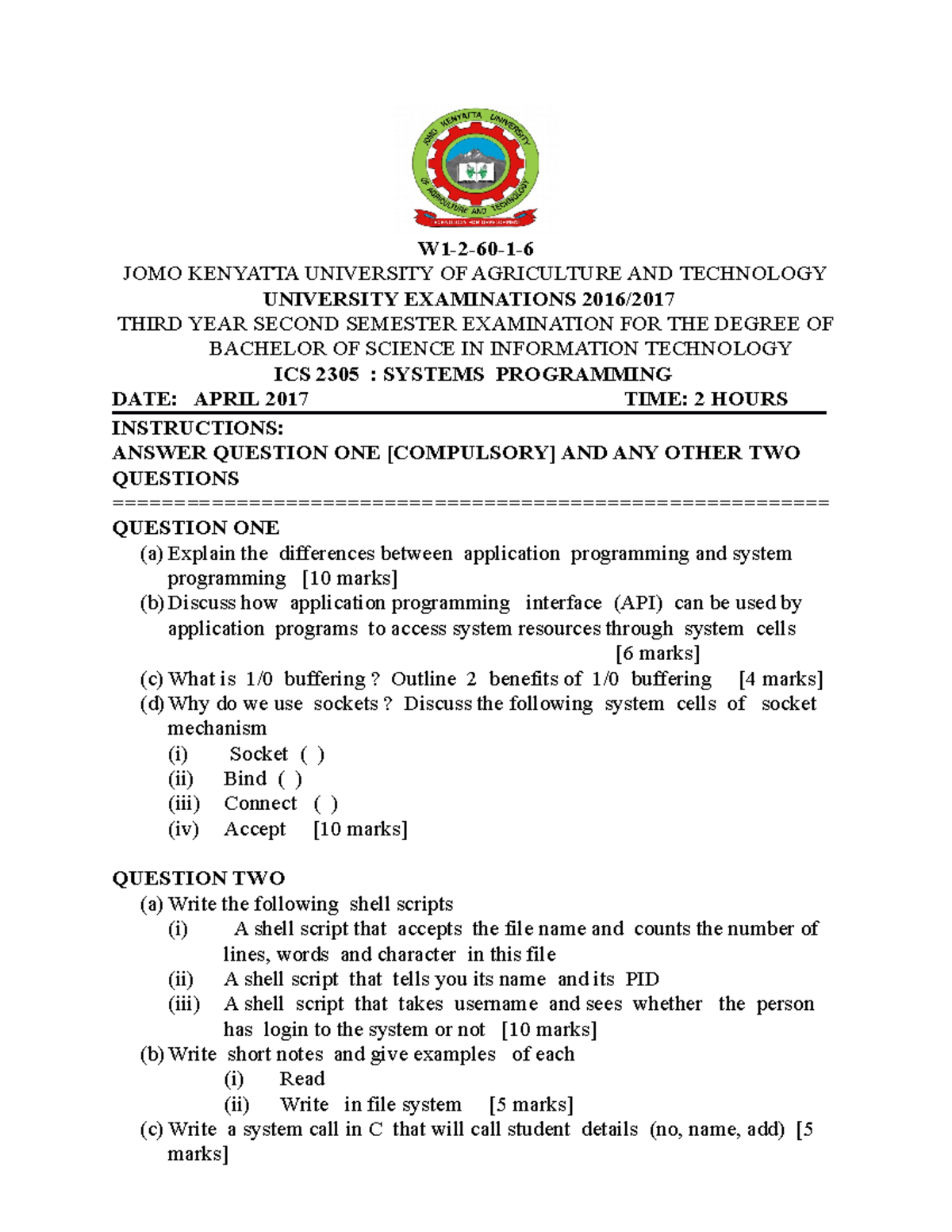 ICS 2325 Systems Programming - W1-2-60-1- JOMO KENYATTA UNIVERSITY OF AGRICULTURE AND TECHNOLOGY ...
