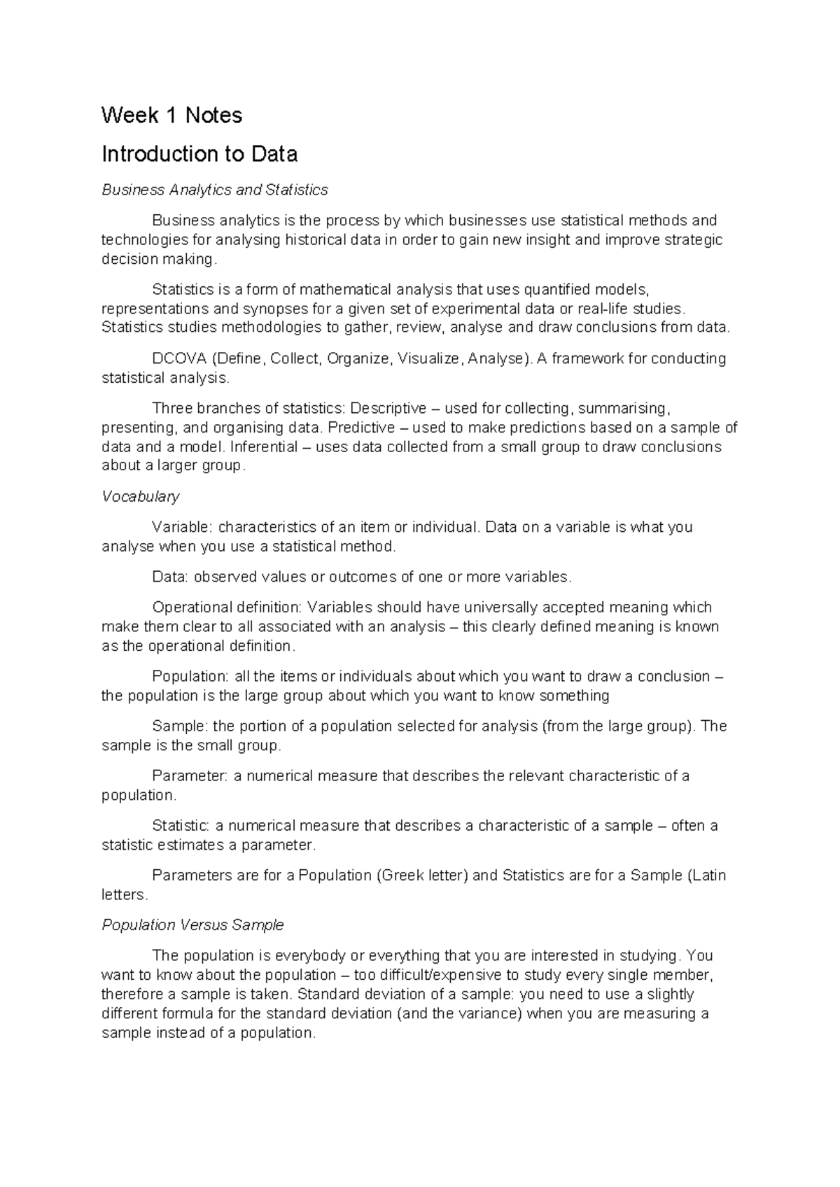 BUSS1020 Week 1 Notes - Week 1 Notes Introduction to Data Business ...
