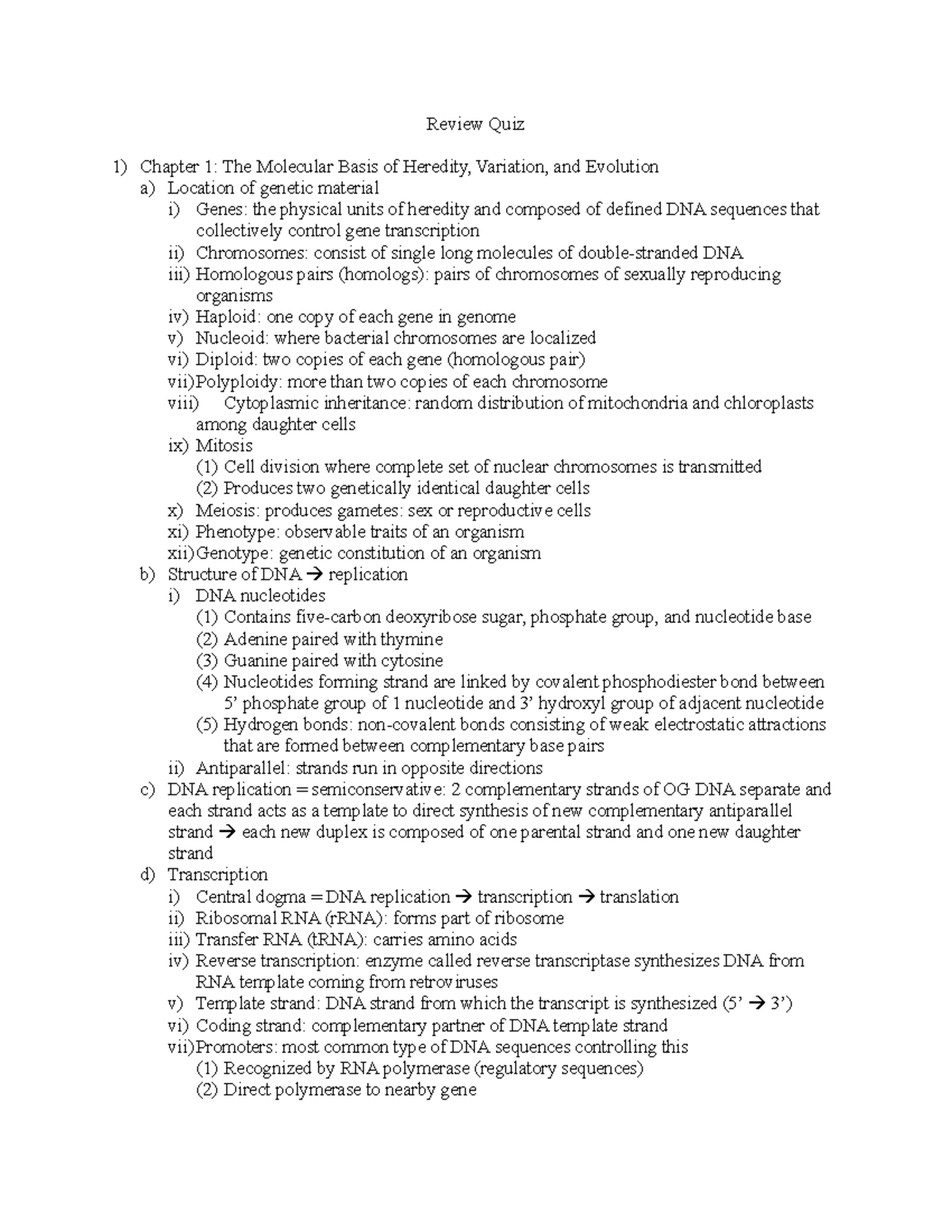 Review Notes - Review Quiz Chapter 1: The Molecular Basis of Heredity ...