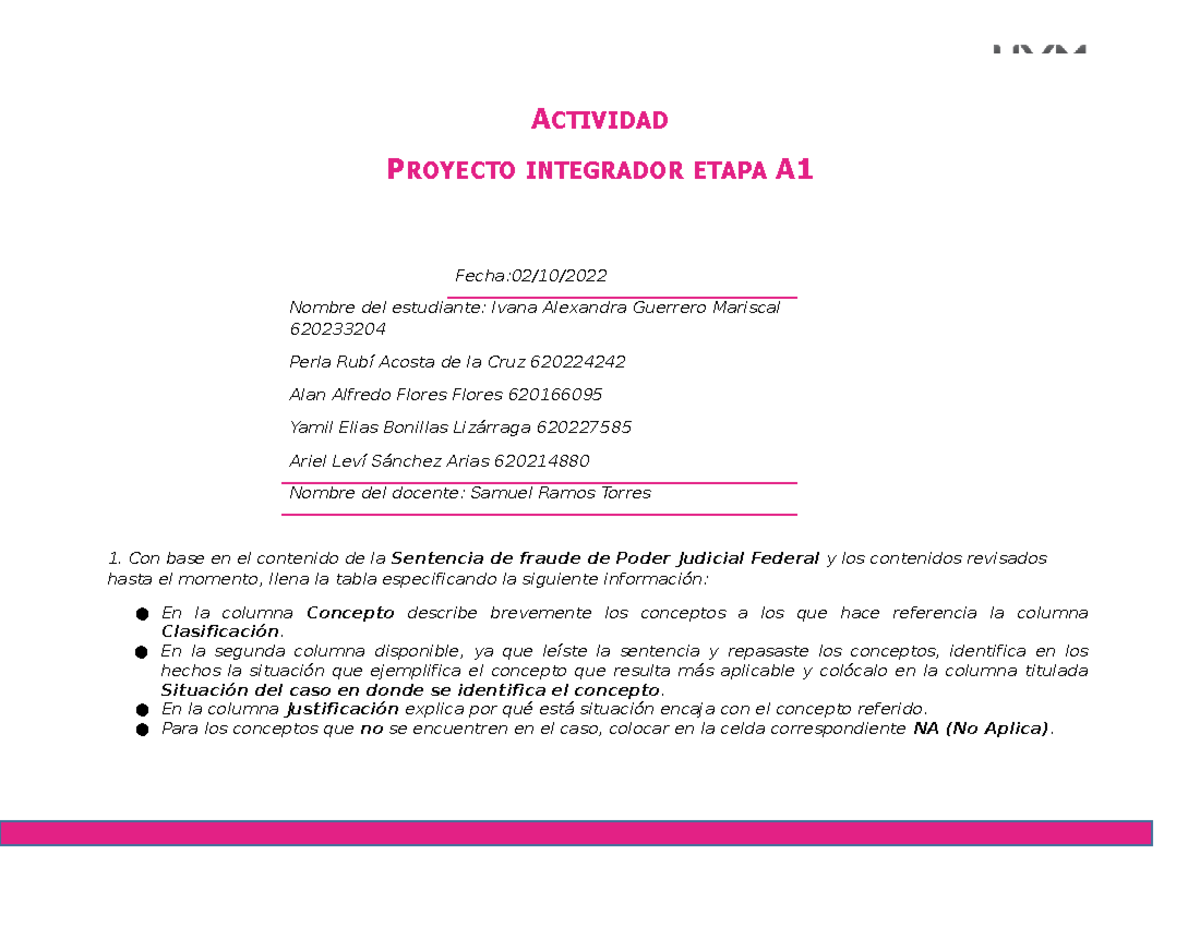 A2 Eq1 - Actividad 2 - ACTIVIDAD PROYECTO INTEGRADOR ETAPA A Fecha:02/10/ Nombre del estudiante ...