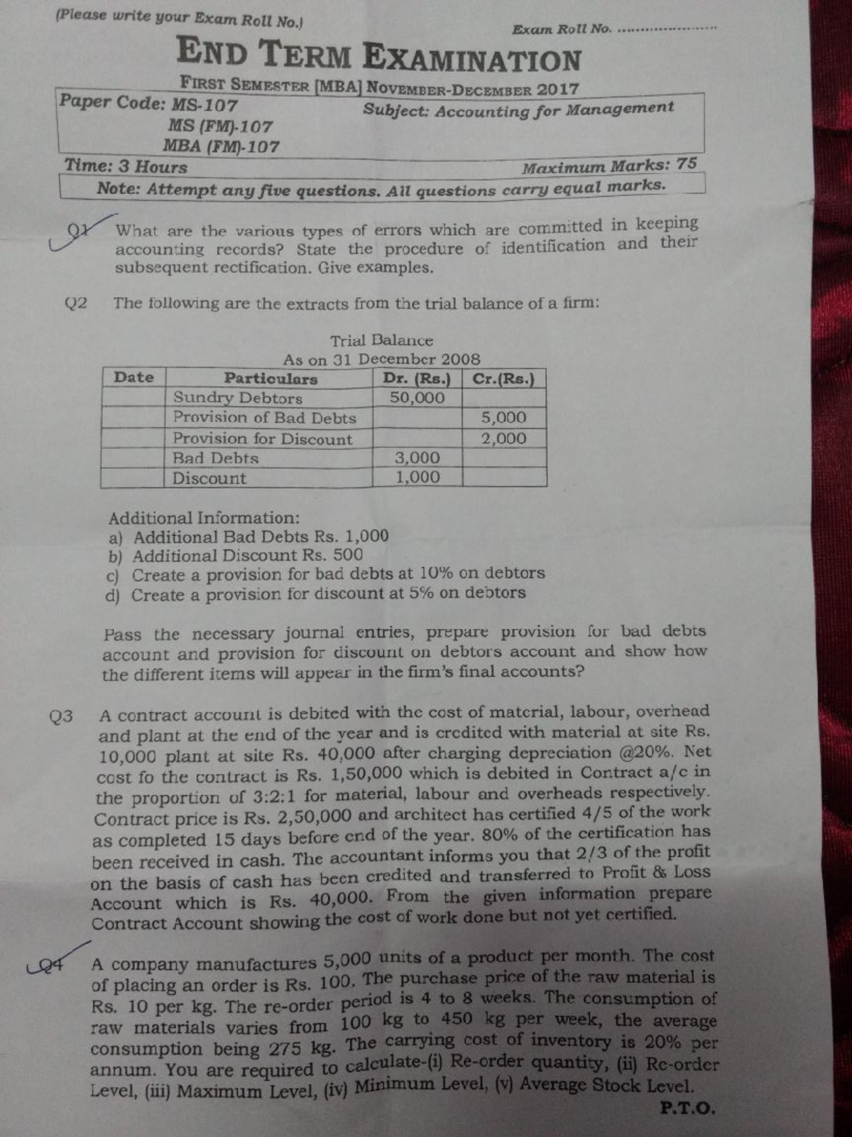 MBA1S Accounting FOR Management DEC 2017 - (Please write your Exam Roll ...