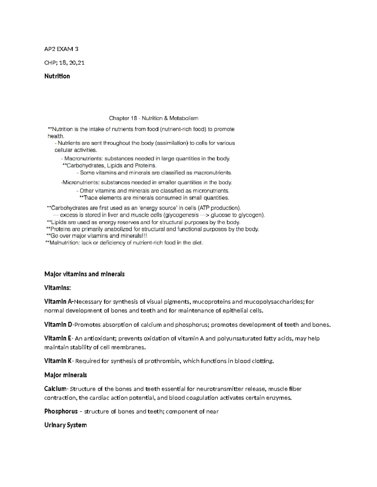AP2 EXAM 3 - ap 2 - AP2 EXAM 3 CHP; 18, 20, Nutrition Major vitamins and minerals Vitamins ...