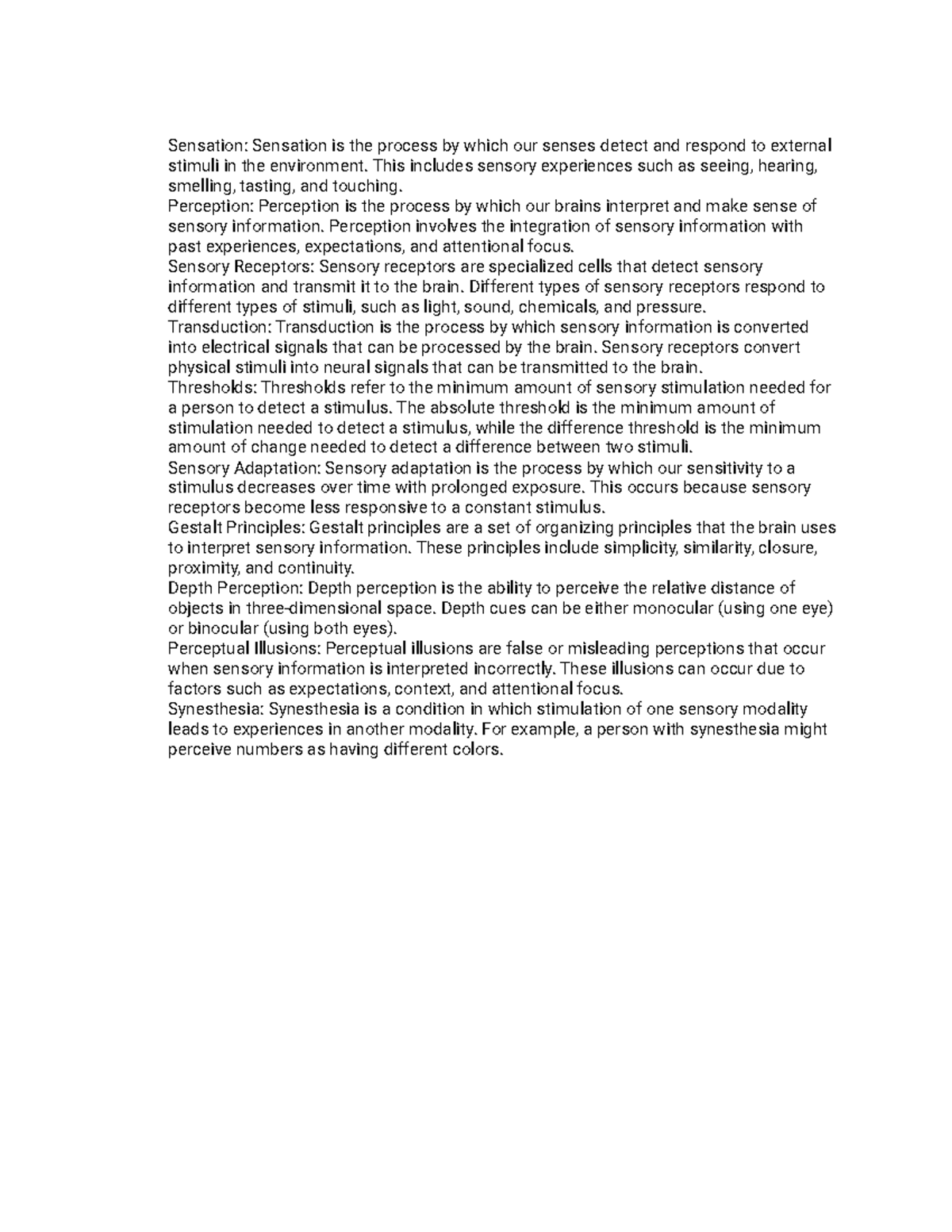 Perception sensation notes - Sensation: Sensation is the process by ...