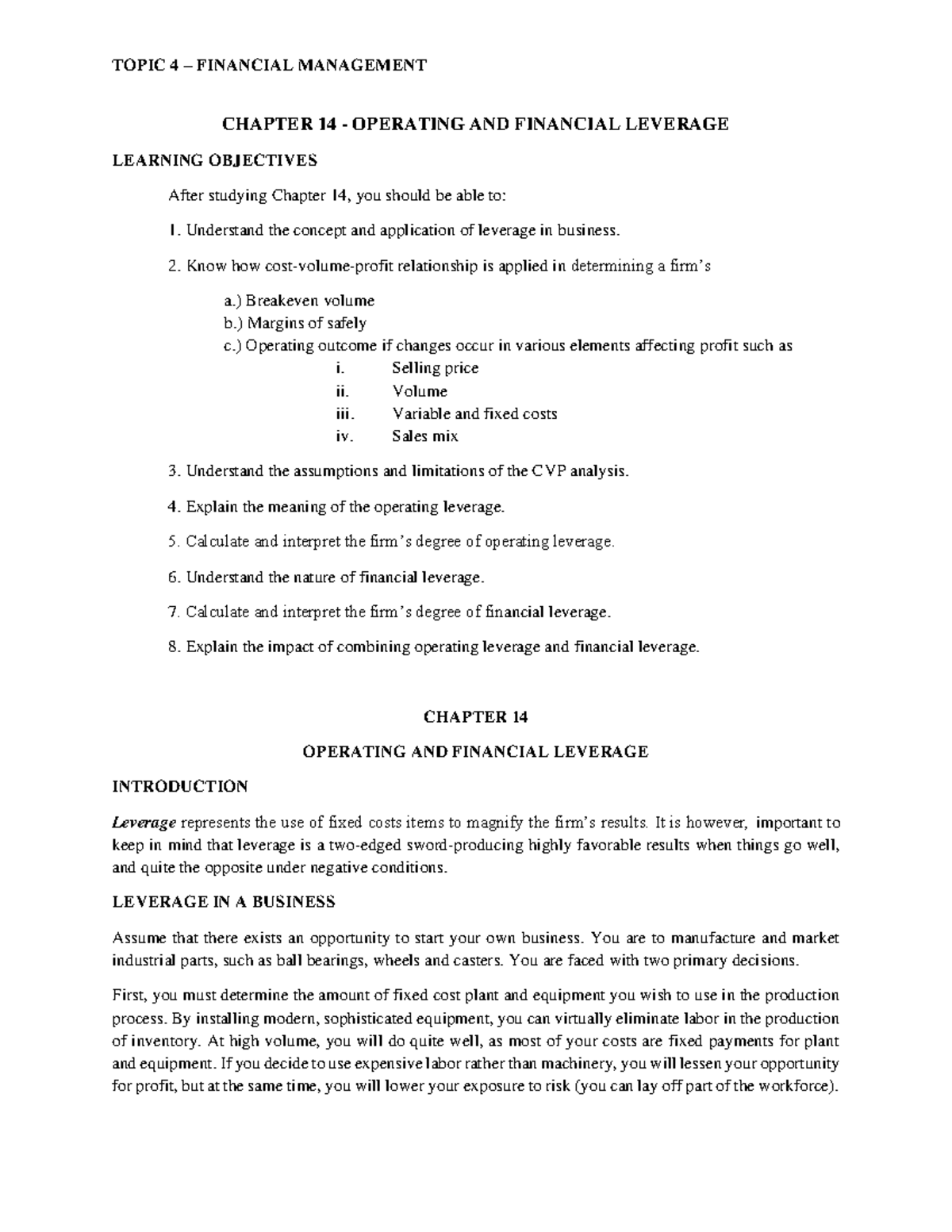 Topic 4 Operating AND Financial Leverage - CHAPTER 14 - OPERATING AND FINANCIAL LEVERAGE ...