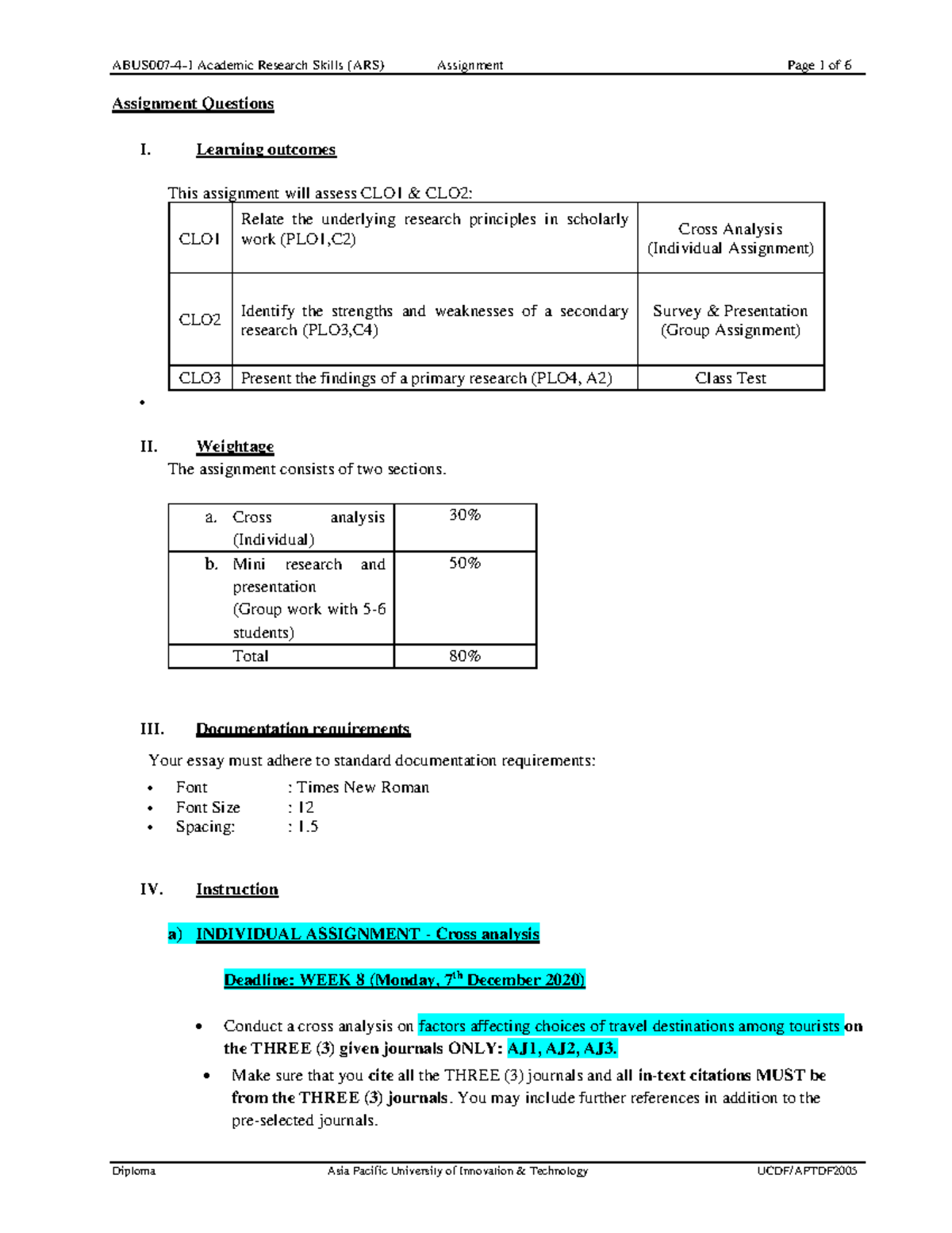 ARS Assignment - Ucdfaptdf 2005 - Assignment Questions I. Learning ...