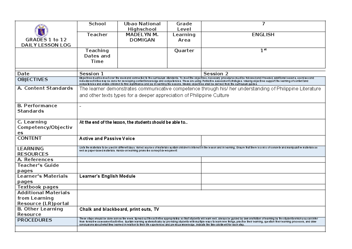 Gal-week1 - Lesson plan - GRADES 1 to 12 DAILY LESSON LOG School Ubao ...