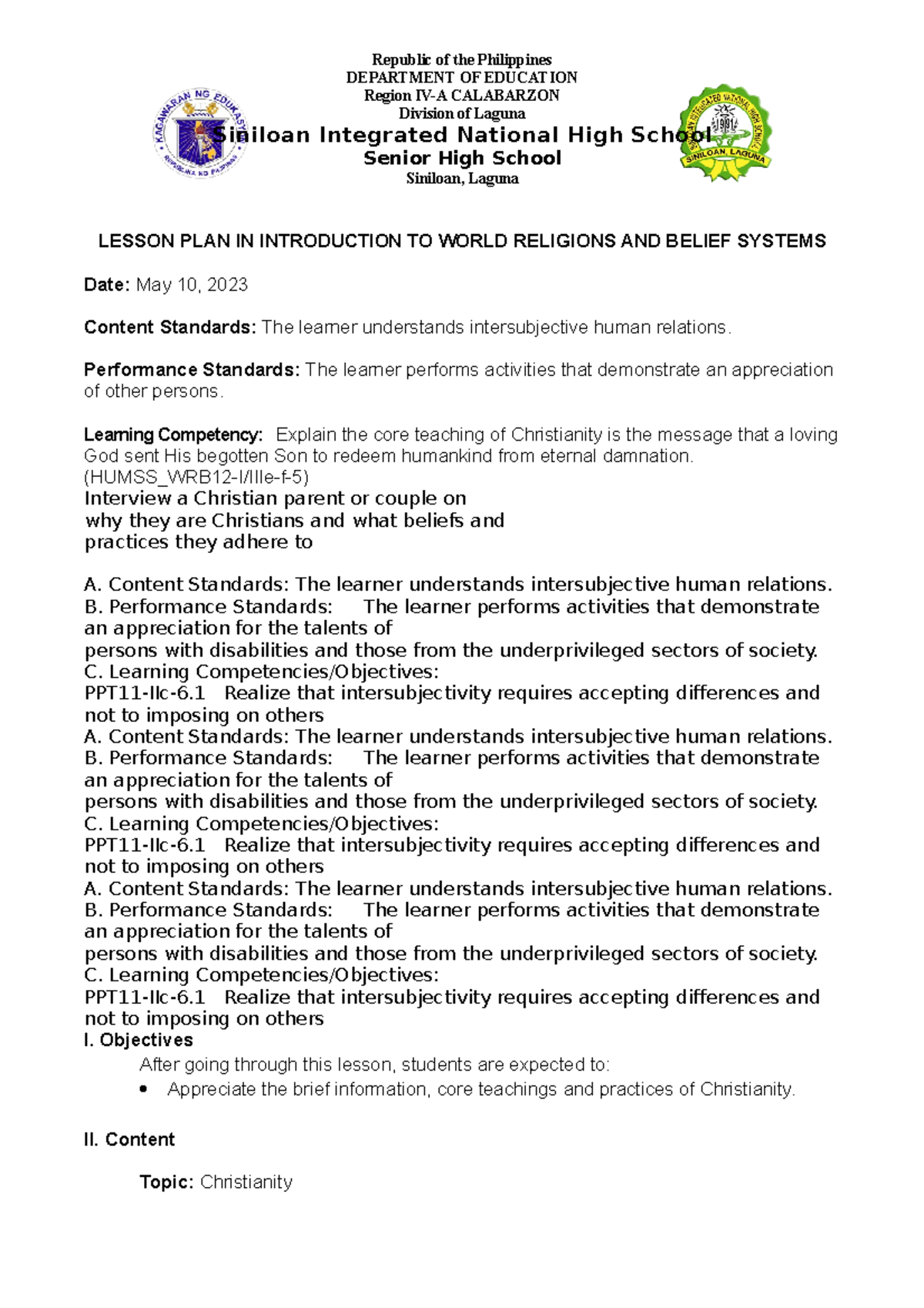 LP Iwrbs CO1 - Lesson Plan - Republic of the Philippines DEPARTMENT OF ...