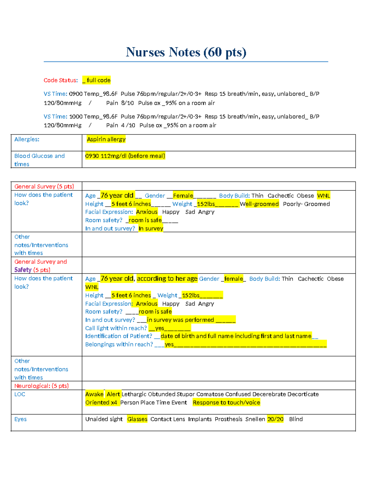 Nurses Notes- Clinical - Nurses Notes (60 pts) Code Status: _ full code ...