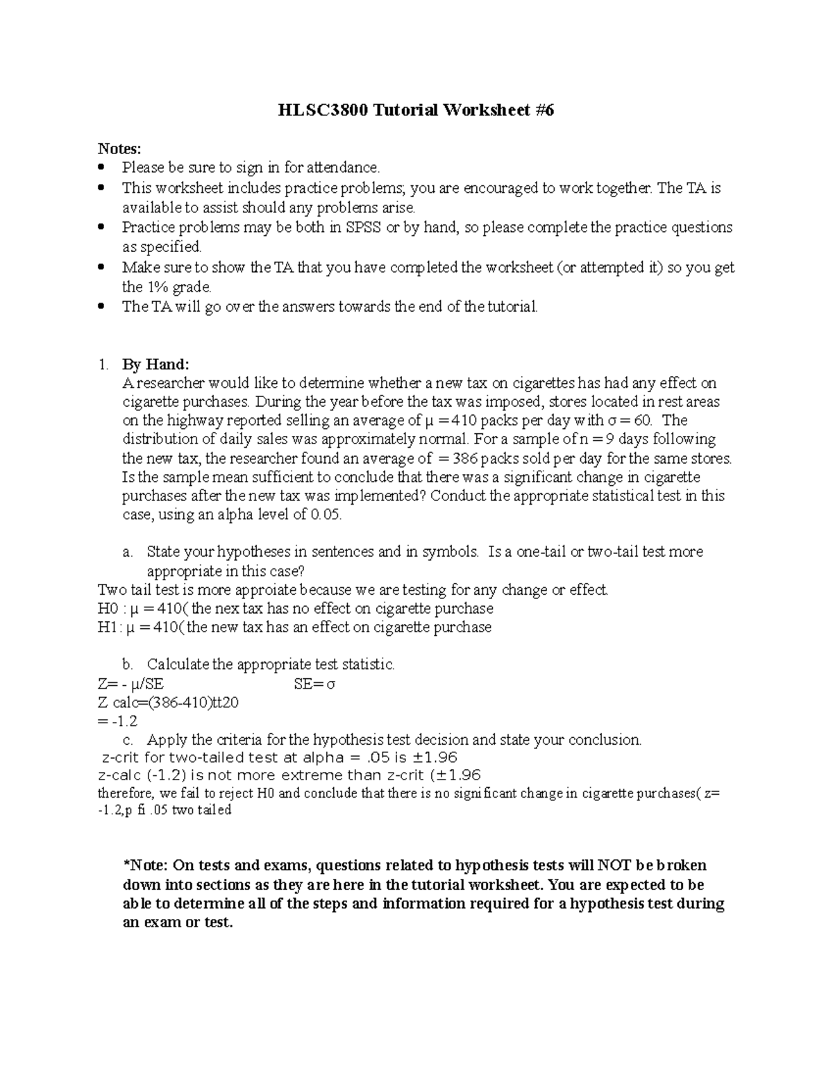 Tutorial 6 - work - HLSC3800 Tutorial Worksheet Notes: Please be sure ...