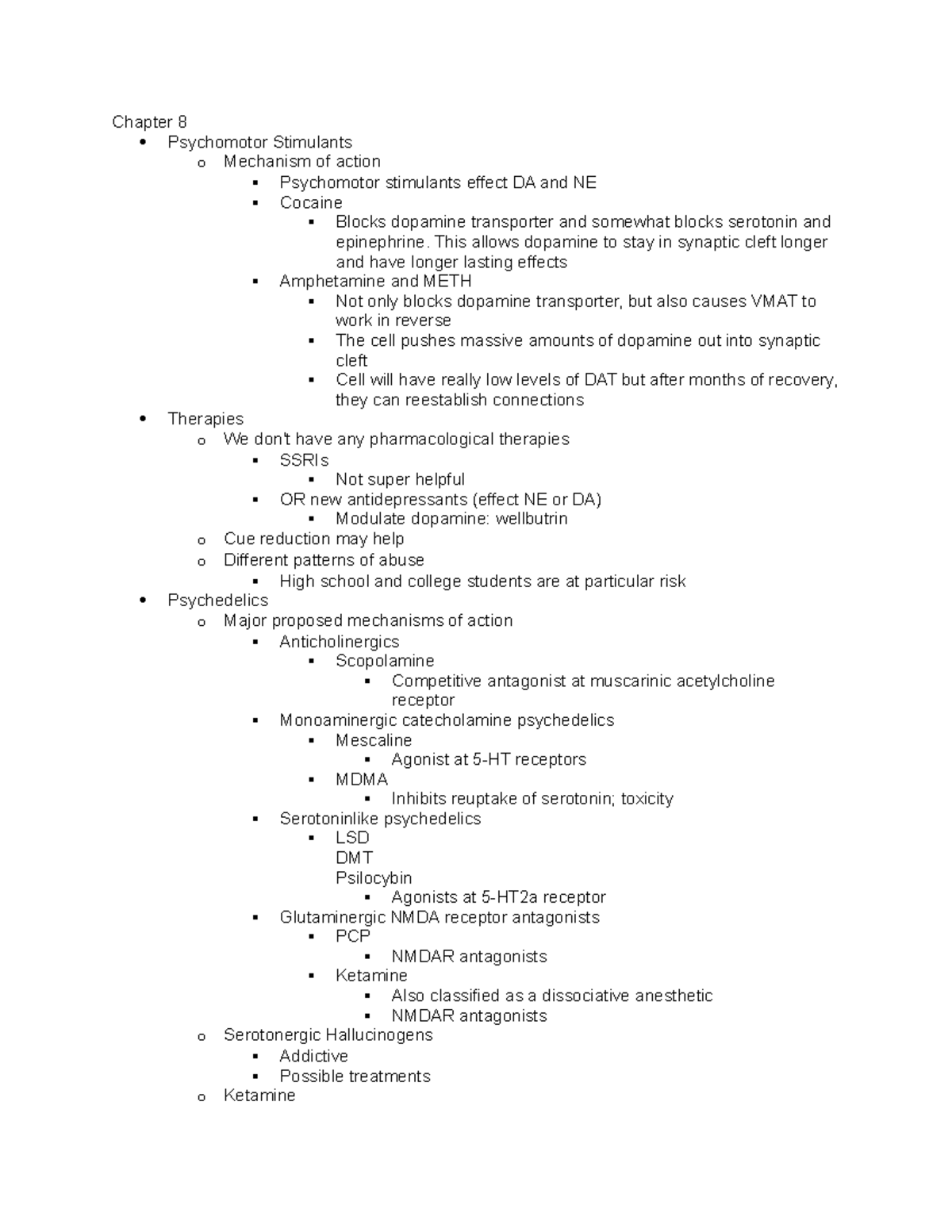 Psyc464 chapter 8 - Chapter 8 Psychomotor Stimulants o Mechanism of ...