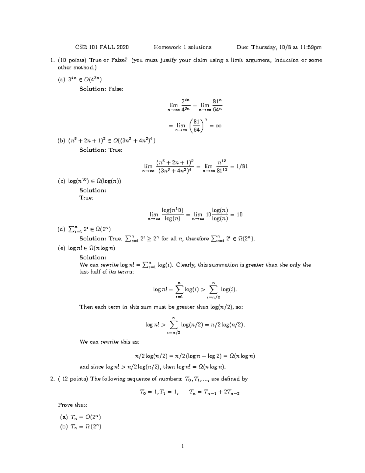 101hw1f20 Sols Homework Solution Cse 101 Fall 2020 Homework 1 Solutions Due Thursday 108 7628