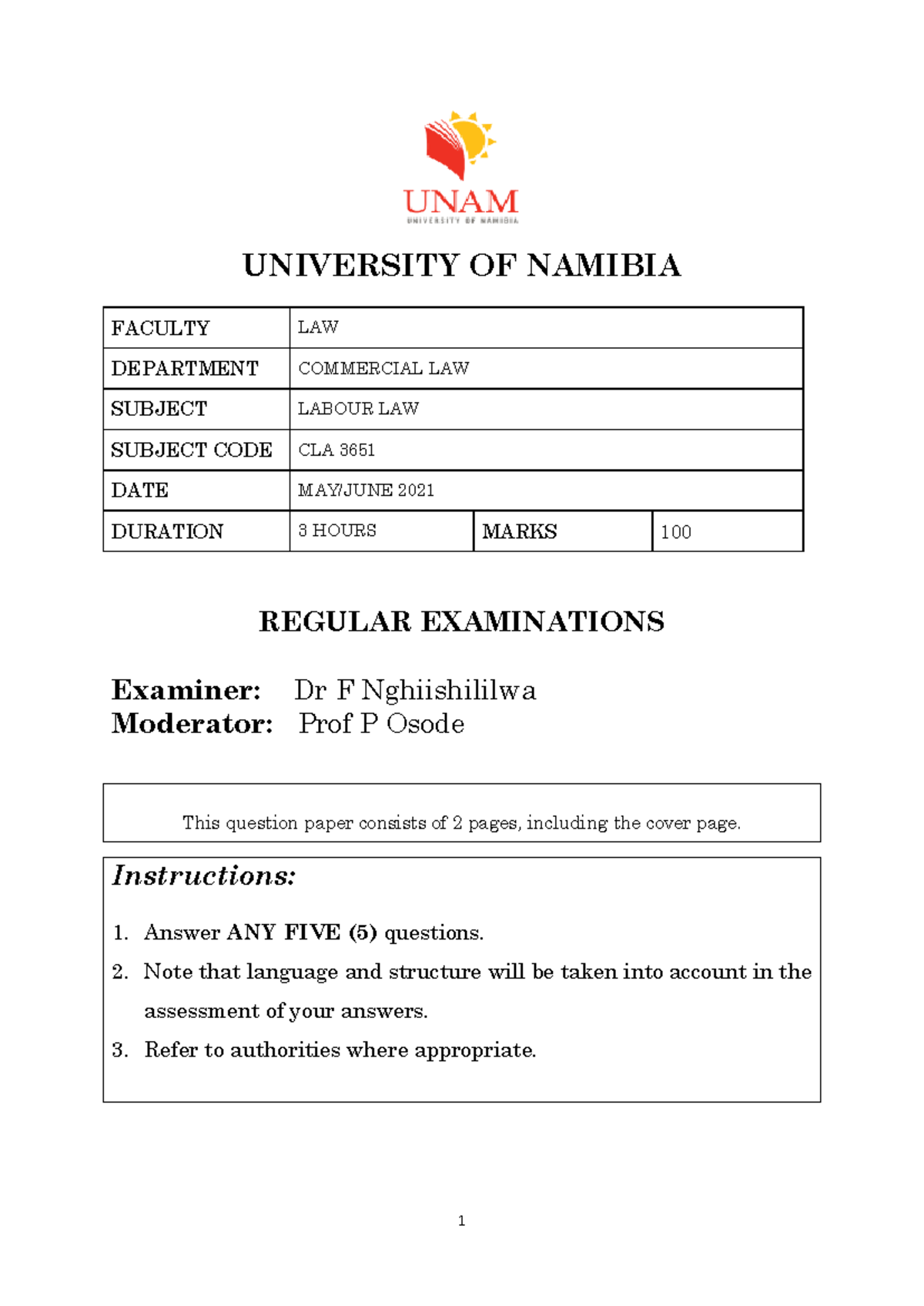 Labour law- 2021 Regular - 1 UNIVERSITY OF NAMIBIA REGULAR EXAMINATIONS ...