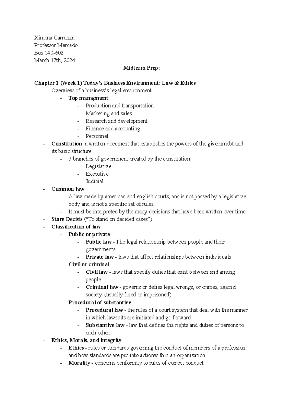 Midterm Prep - Ximena Carranza Professor Mercado Bus 140- March 17th, 2024 Midterm Prep: Chapter ...