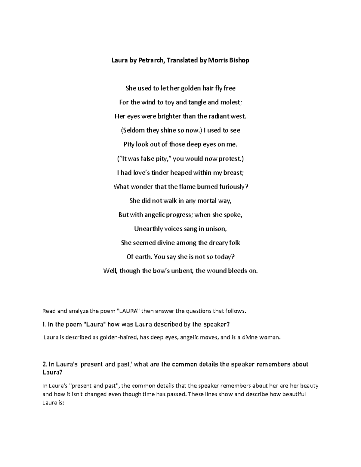 Laura-by-Petrarch-please-answer-the-given-questions - Laura by Petrarch ...