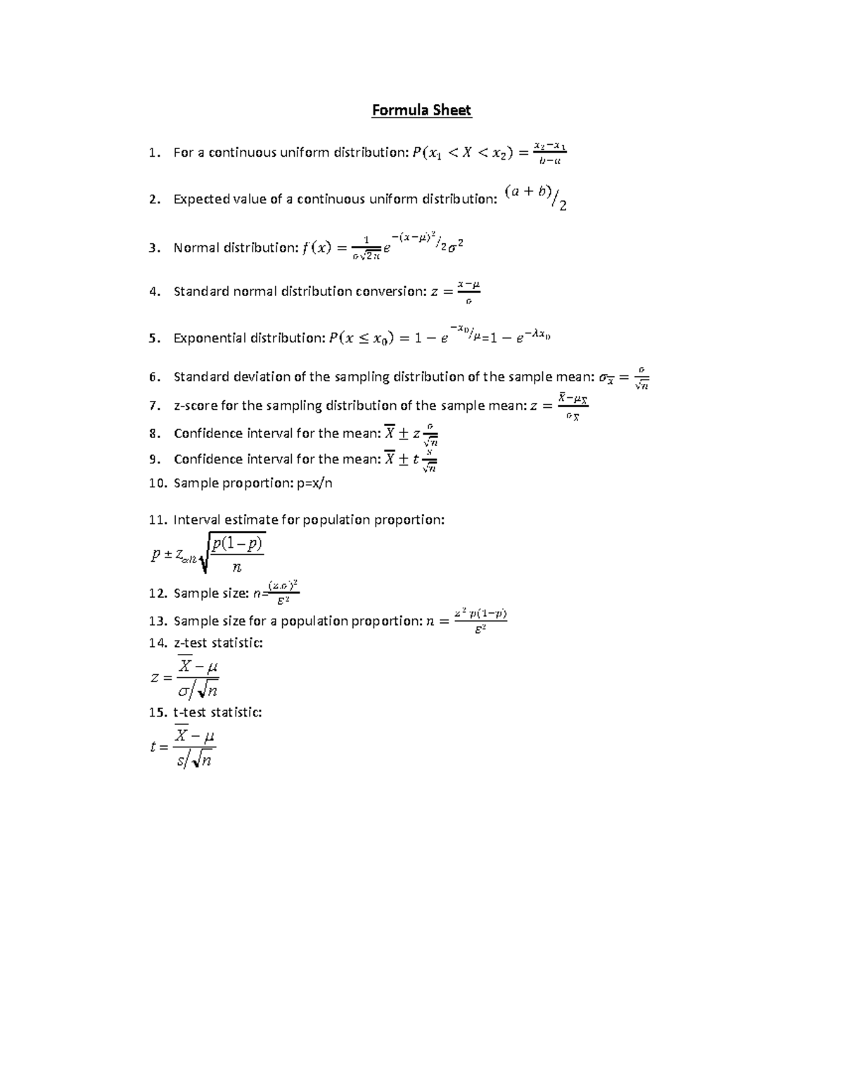IS 601-Test 2-formula sheet - Formula Sheet 1. For a continuous uniform ...